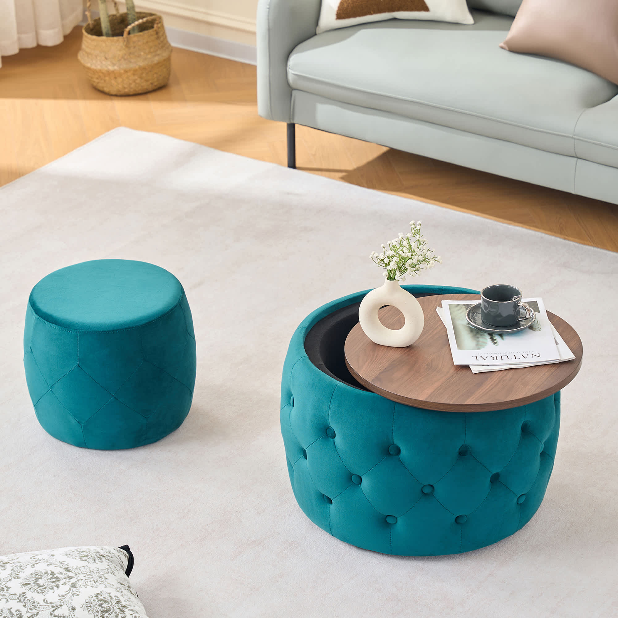 Vynxaria 23 in Blue Round Velvet Coffee Table with 2 Pieces Nesting ...