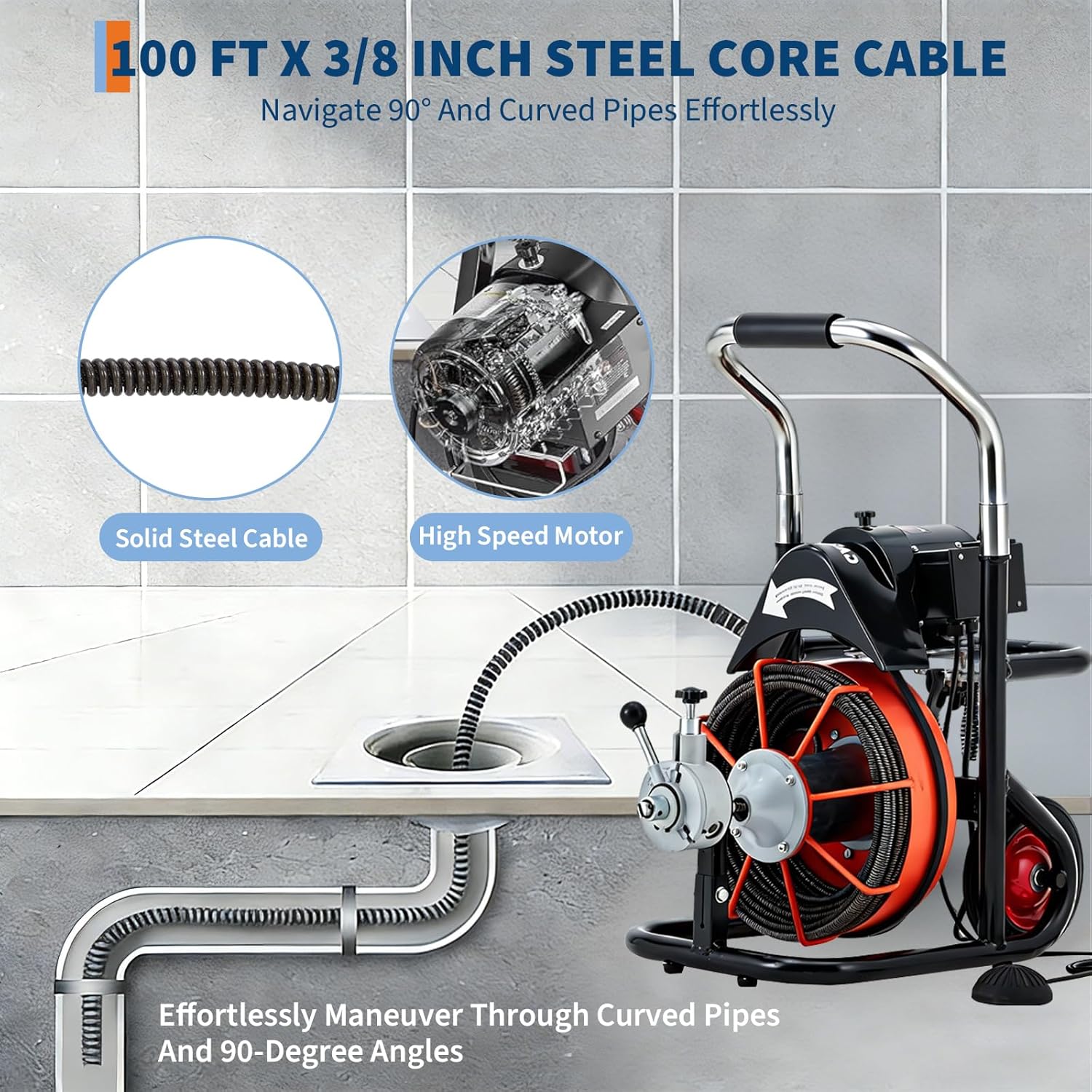 IdealHouse 100FT x 3/8 Inch Drain Cleaning Machine with 10 Cutters Air ...