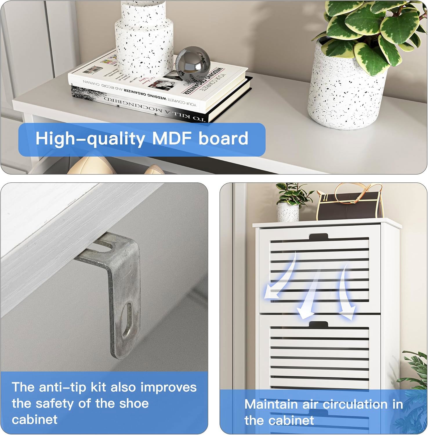 CIPACHO White Narrow Hidden Shoe Cabinet 3 Flip Drawers Adjustable ...