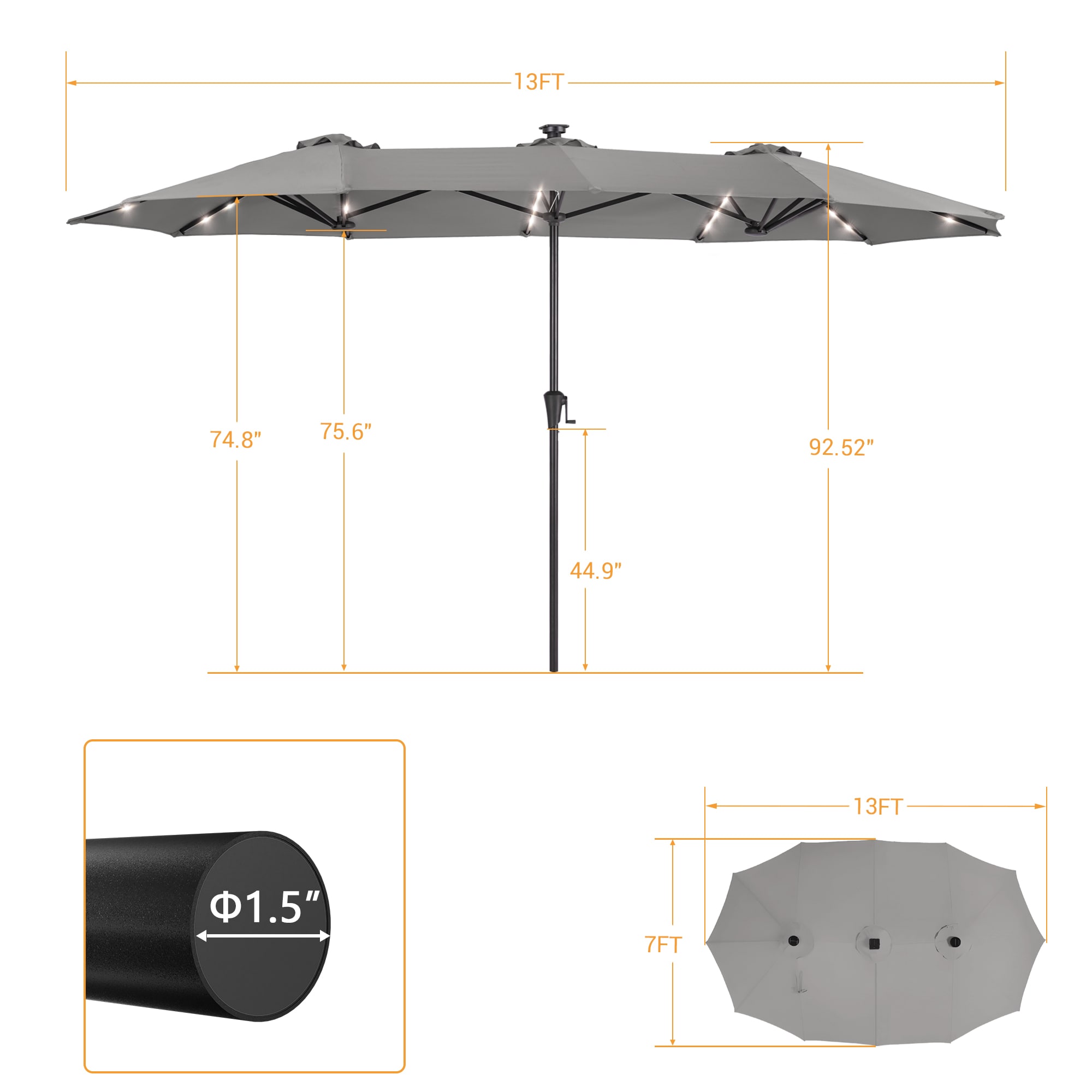 Sonkuki 7.2-ft Steel Gray No-tilt Market Patio Umbrella with Lights in ...