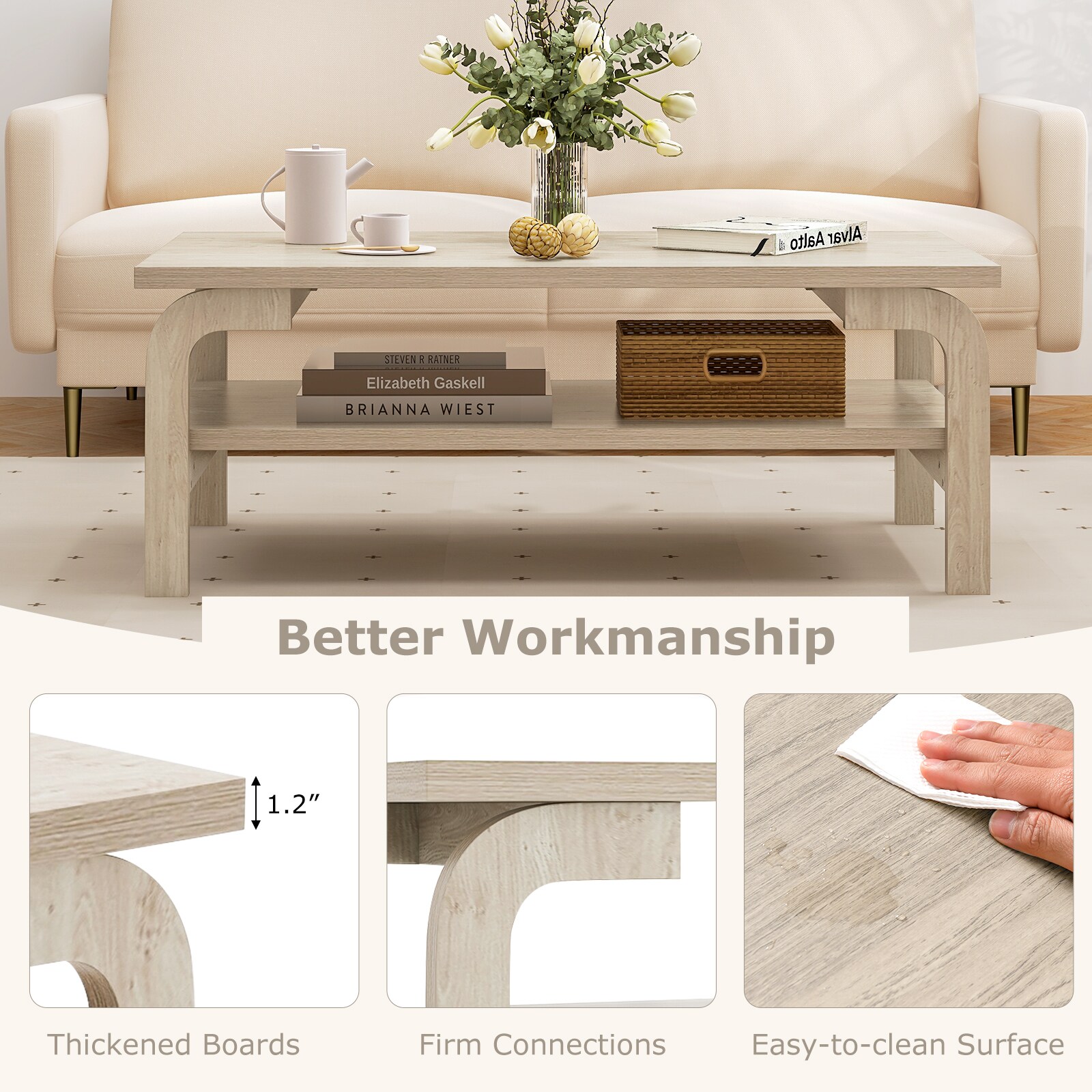 Slickblue Natural Wood 2-Tier Coffee Table with Oak Finish and Storage ...