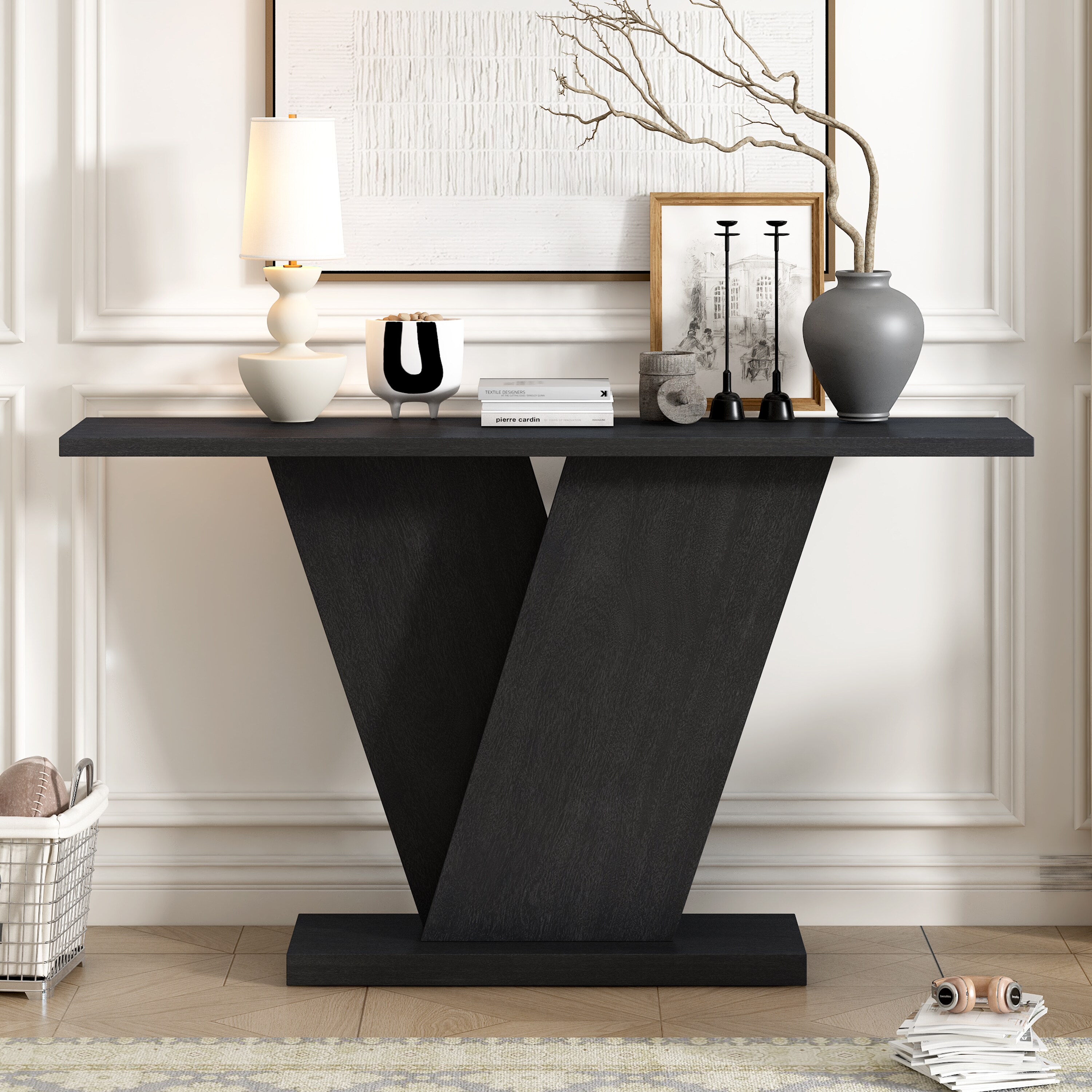 LOVMOR Console Table with Natural Wood Veneer V-Base Design for Classic ...