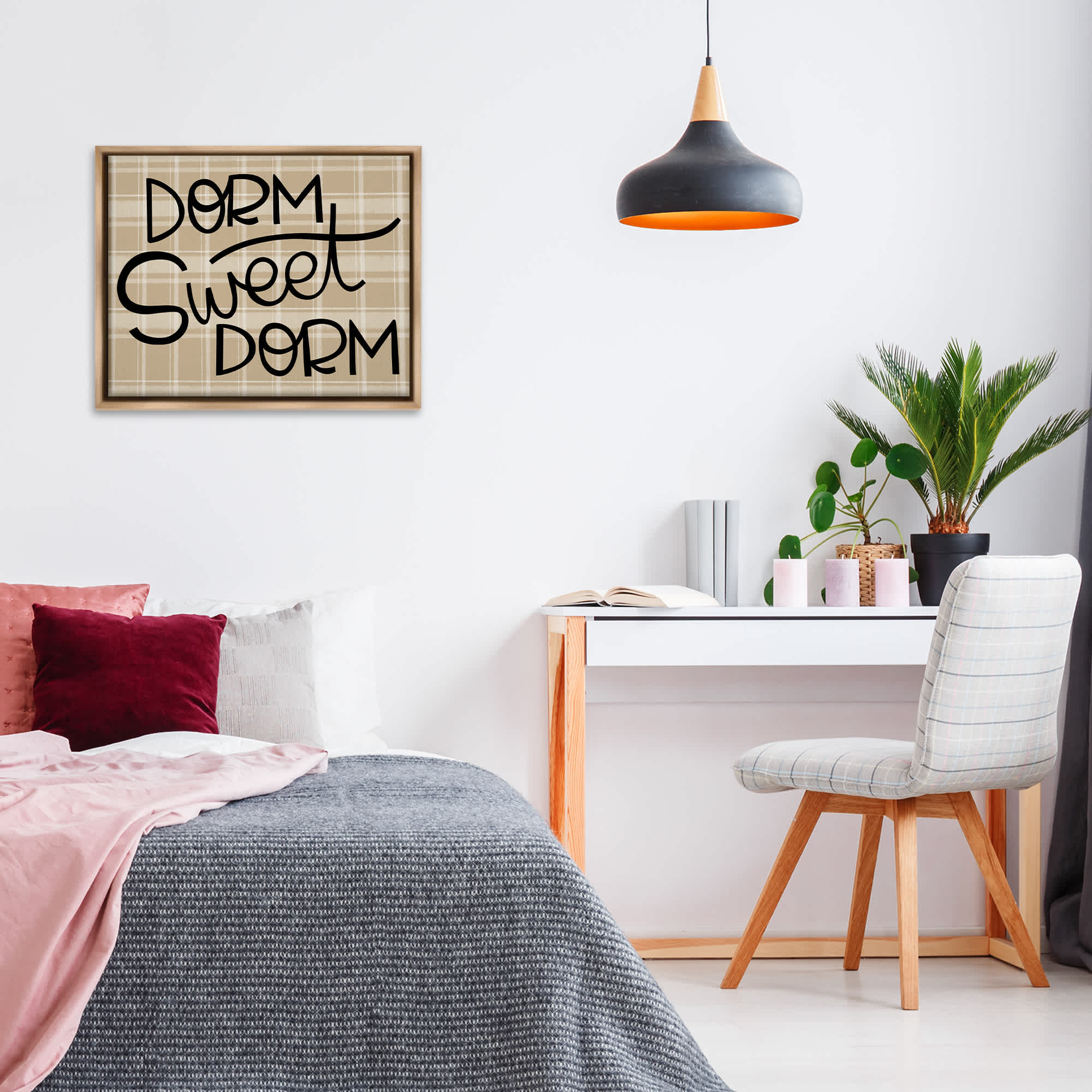 Stupell Industries Sweet Dorm on Plaid Brown Framed Floater Canvas Wall ...