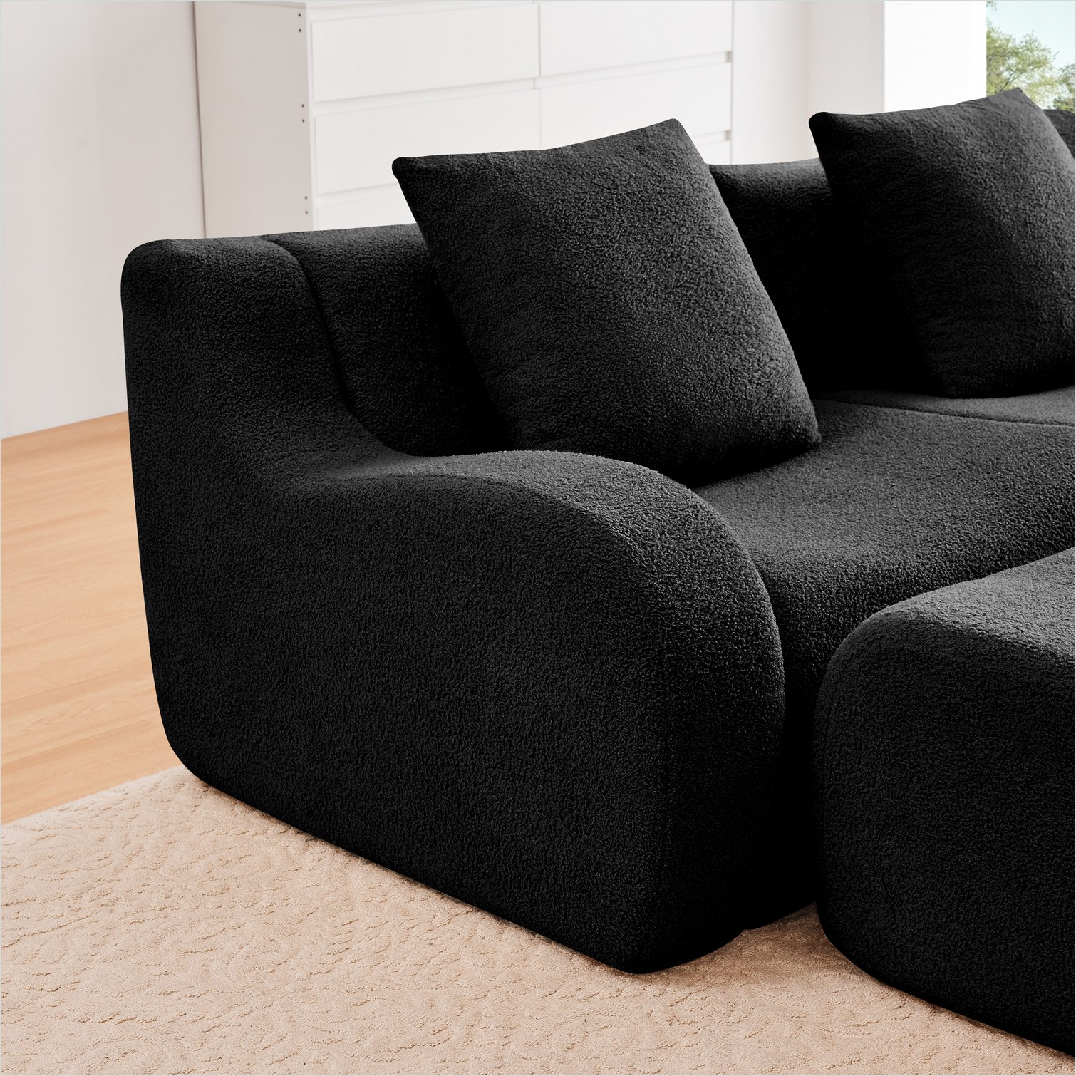 Naturefalls Classic Black Teddy Fabric L-Shape Modular Sofa with Curved ...