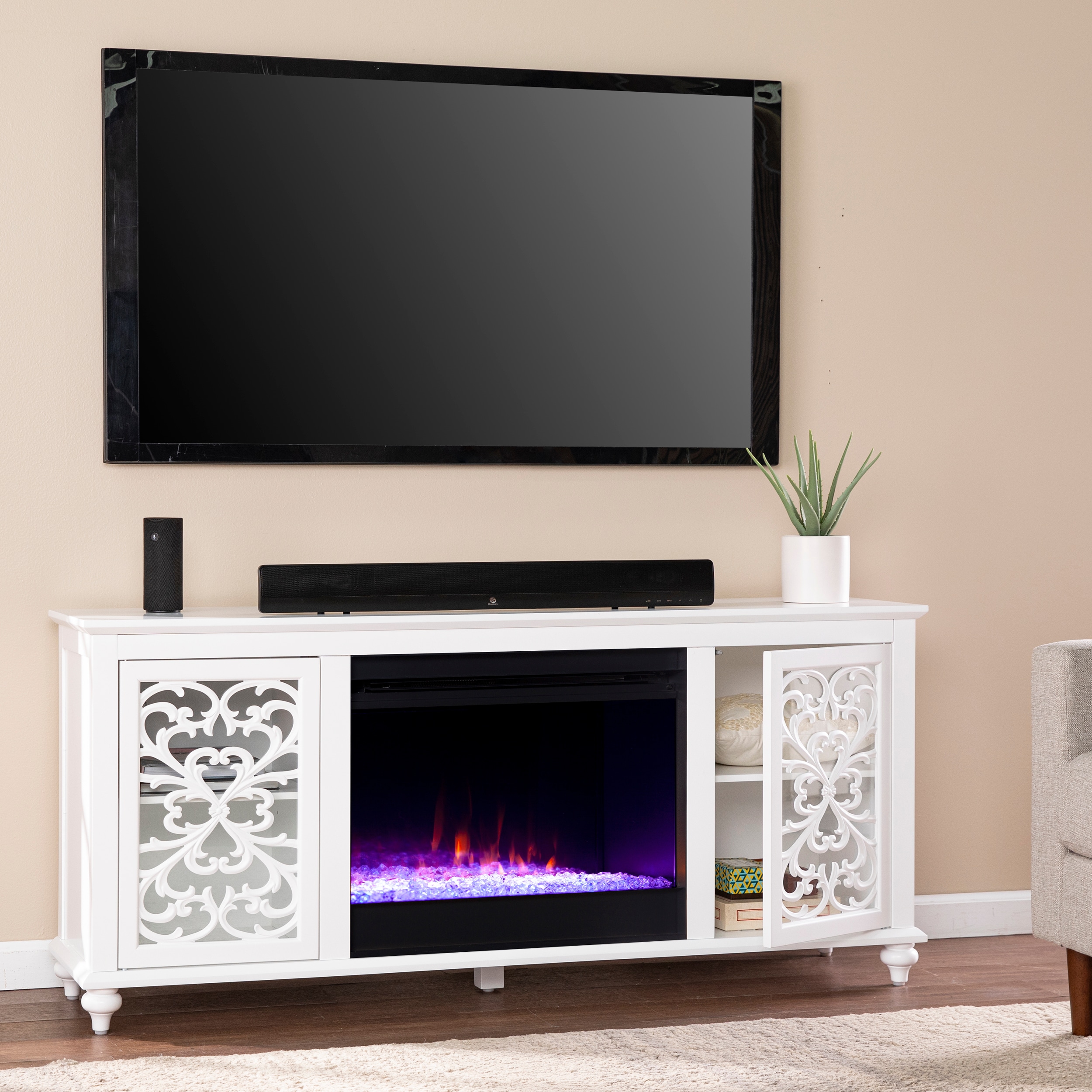 Southern Enterprises 58 Inches W White TV Stand with Fan forced Flat wall Electric Fireplace with Remote Control Included in the Electric Fireplaces department at Lowes