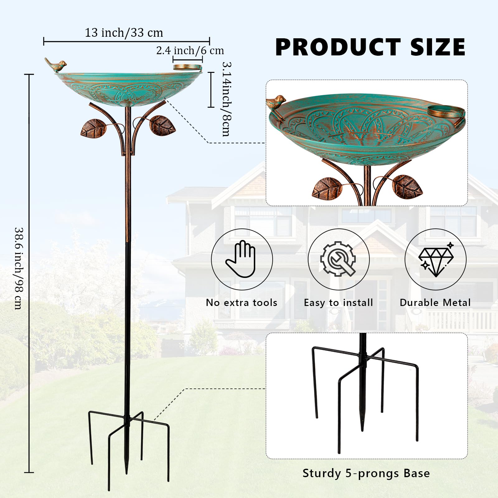 Etokfoks Metal Bird Bath for Outdoors 39 Inch Tall with 13 Inch Bowl ...