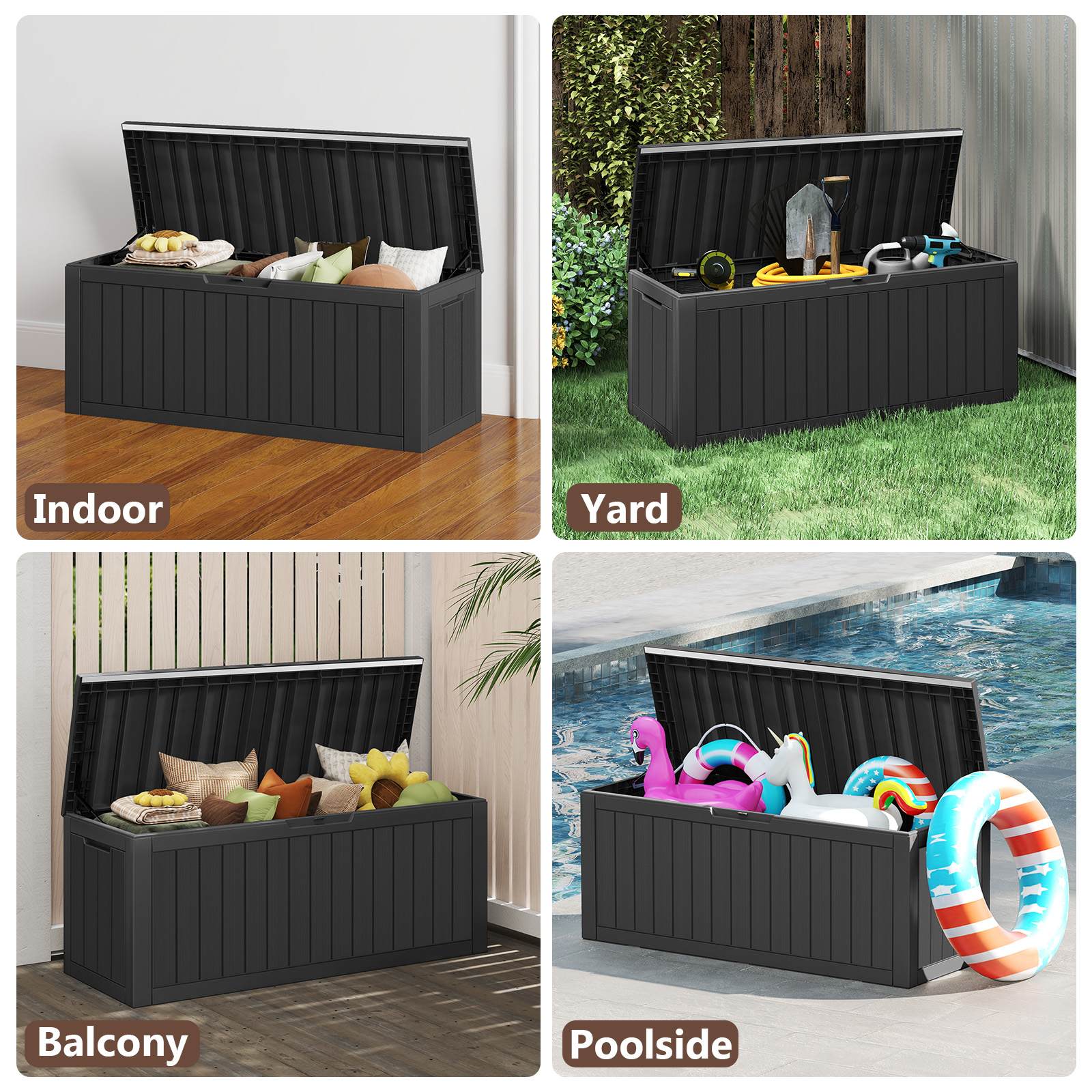 MooxvMoo 80 Gallon Outdoor Black Storage Box Wood Grain Resin ...