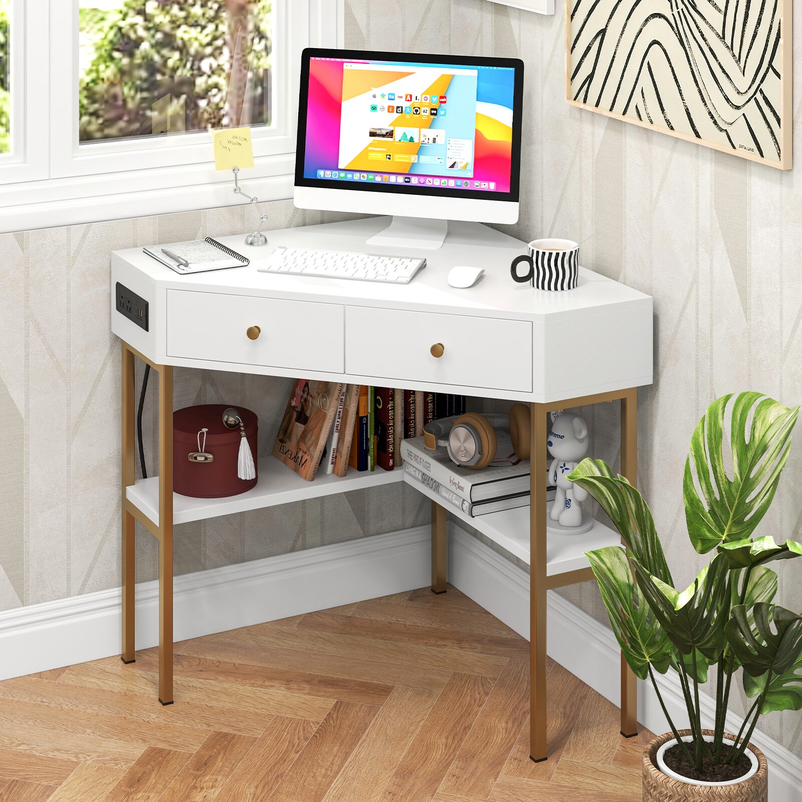 Slickblue 39.5 Inch Black/Golden/White Corner Triangular Desk ...