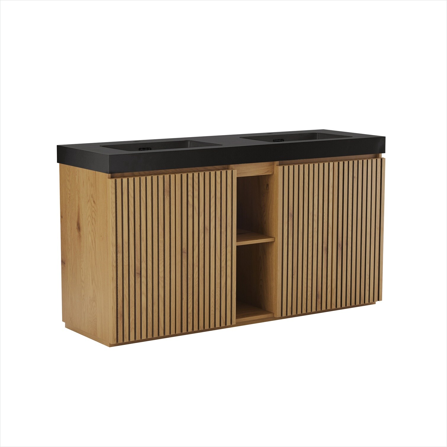SunJet Double Basin Bathroom Vanity with Black Quartz Top Light Oak ...