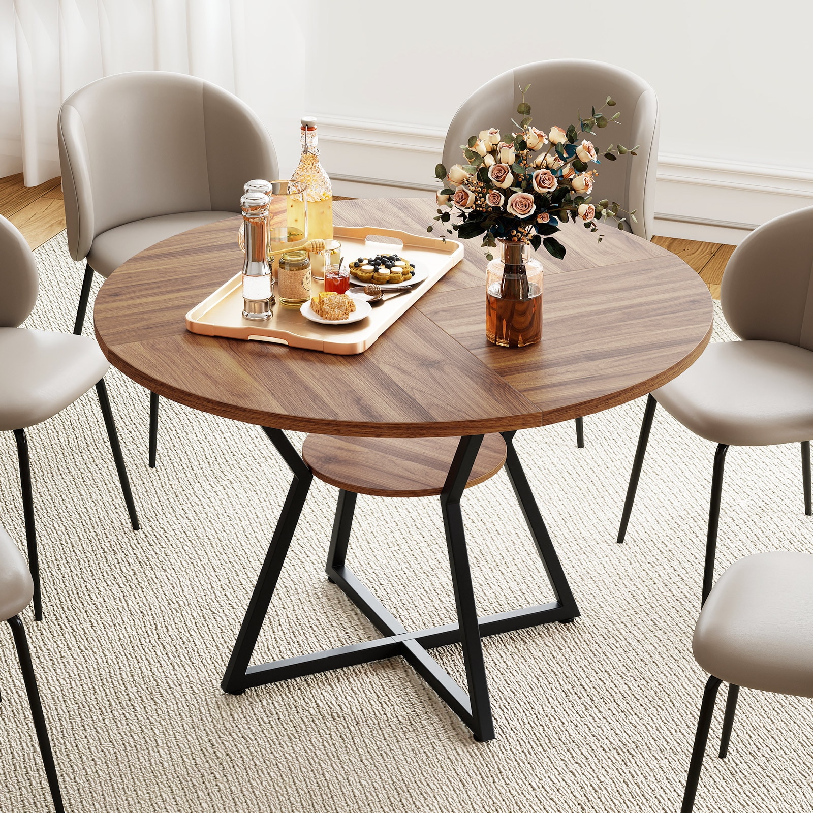 Volenca Seats 4 Round Dining Table with Storage Shelf and Metal X-Base ...