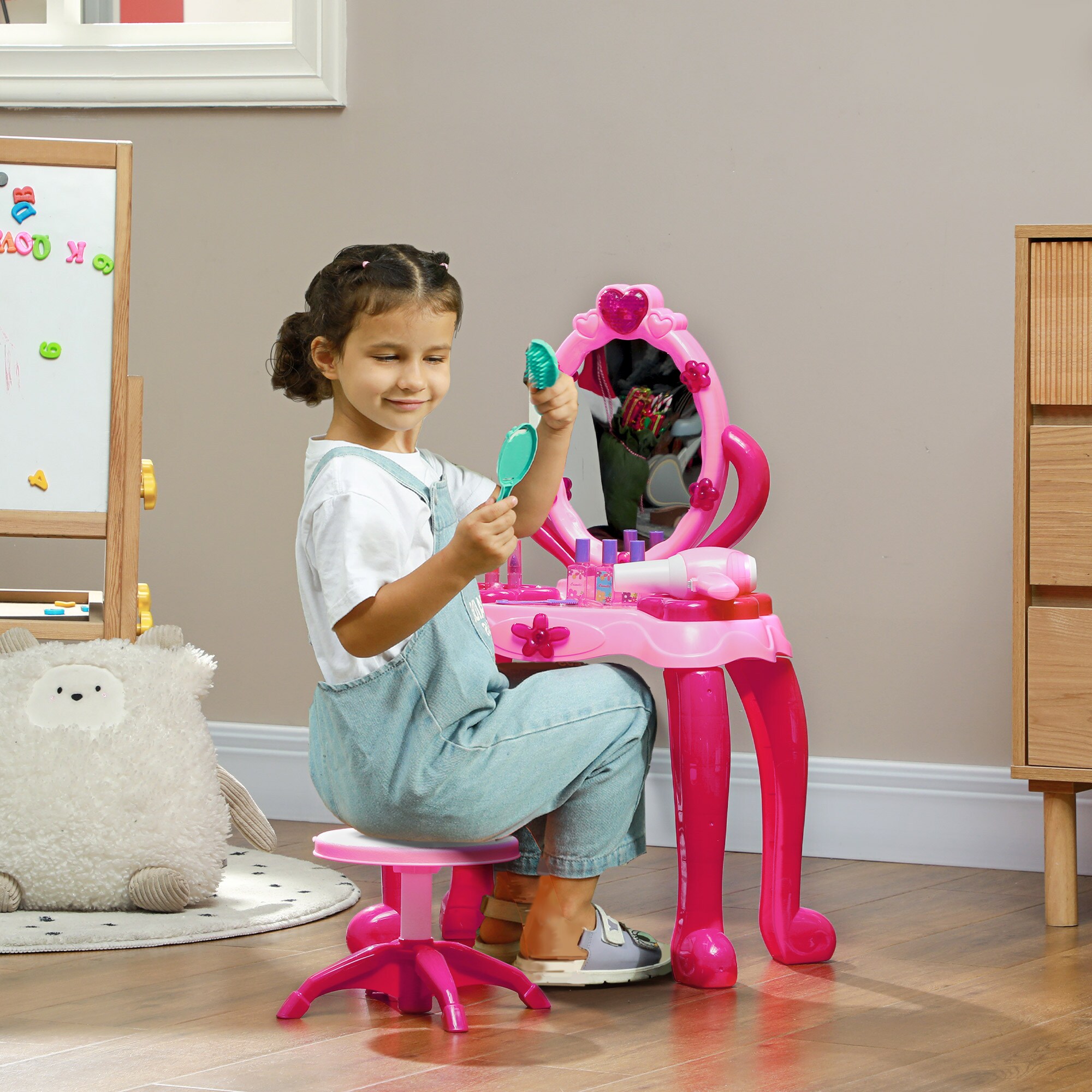 Qaba Kids Vanity Set with Mirror and Stool Girls Makeup Table with ...