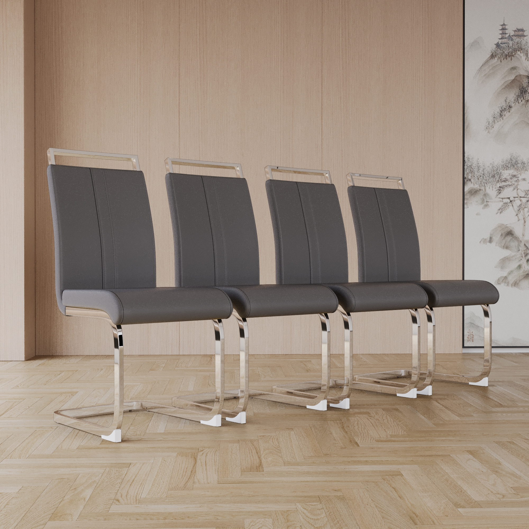 LOVMOR Set of 4 Grey PU Leather High Back Dining Chairs C-Shaped Metal ...