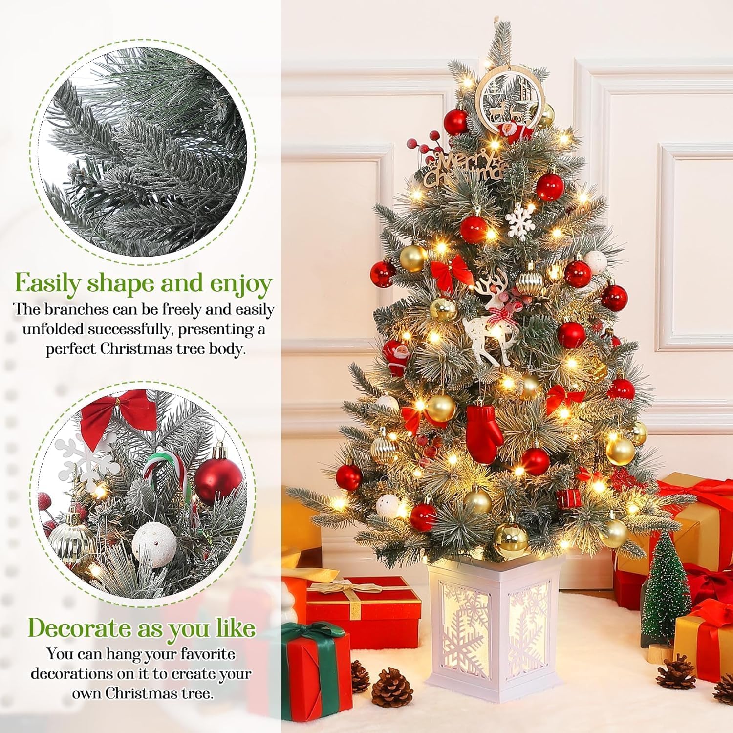 Qeetex 3 FT Pre-lit Artificial Christmas Tree (Set of 2) with 78 Warm ...