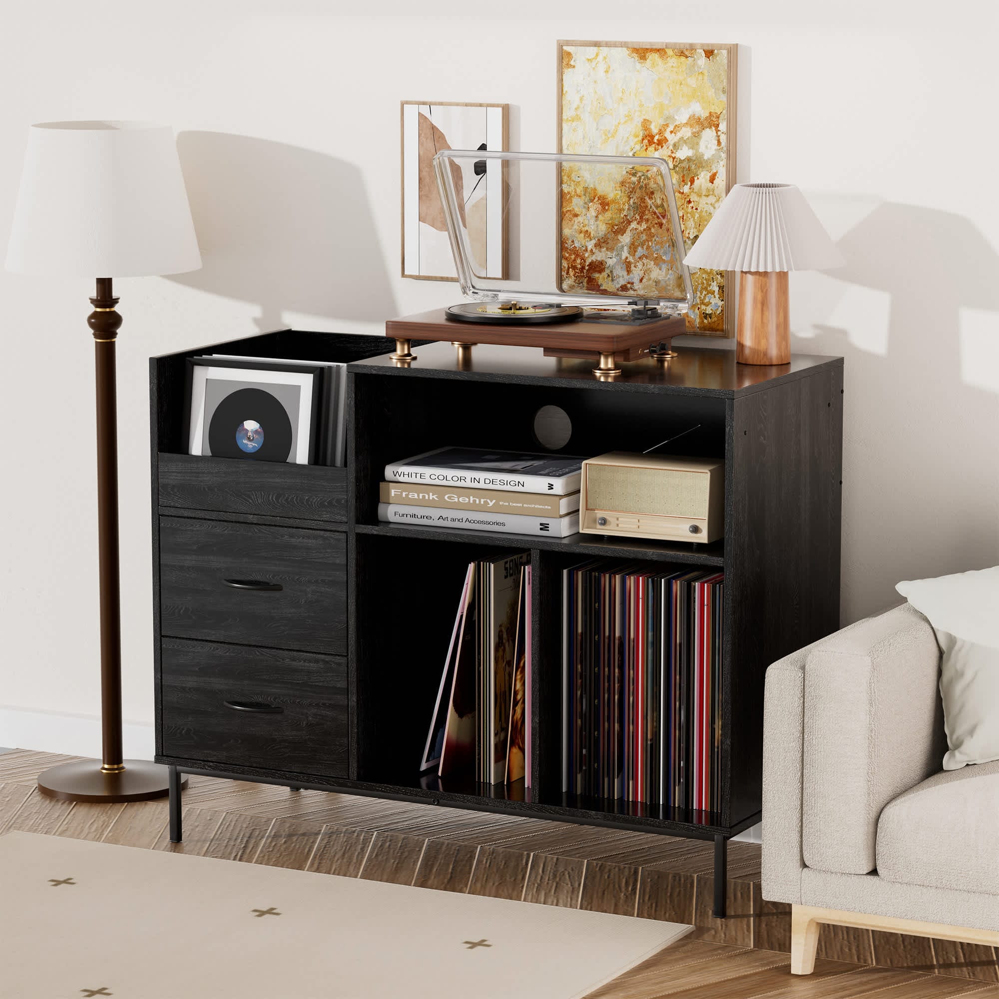Vynxaria 24 in W x 16 in D x 32 in H Black MDF Metal Freestanding ...