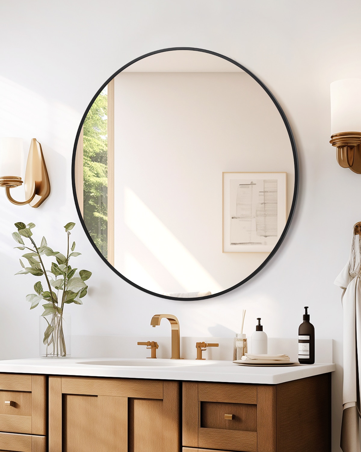 GarveeLife 24 in Round Mirror for Wall Black Metal Frame Circle Mirror ...