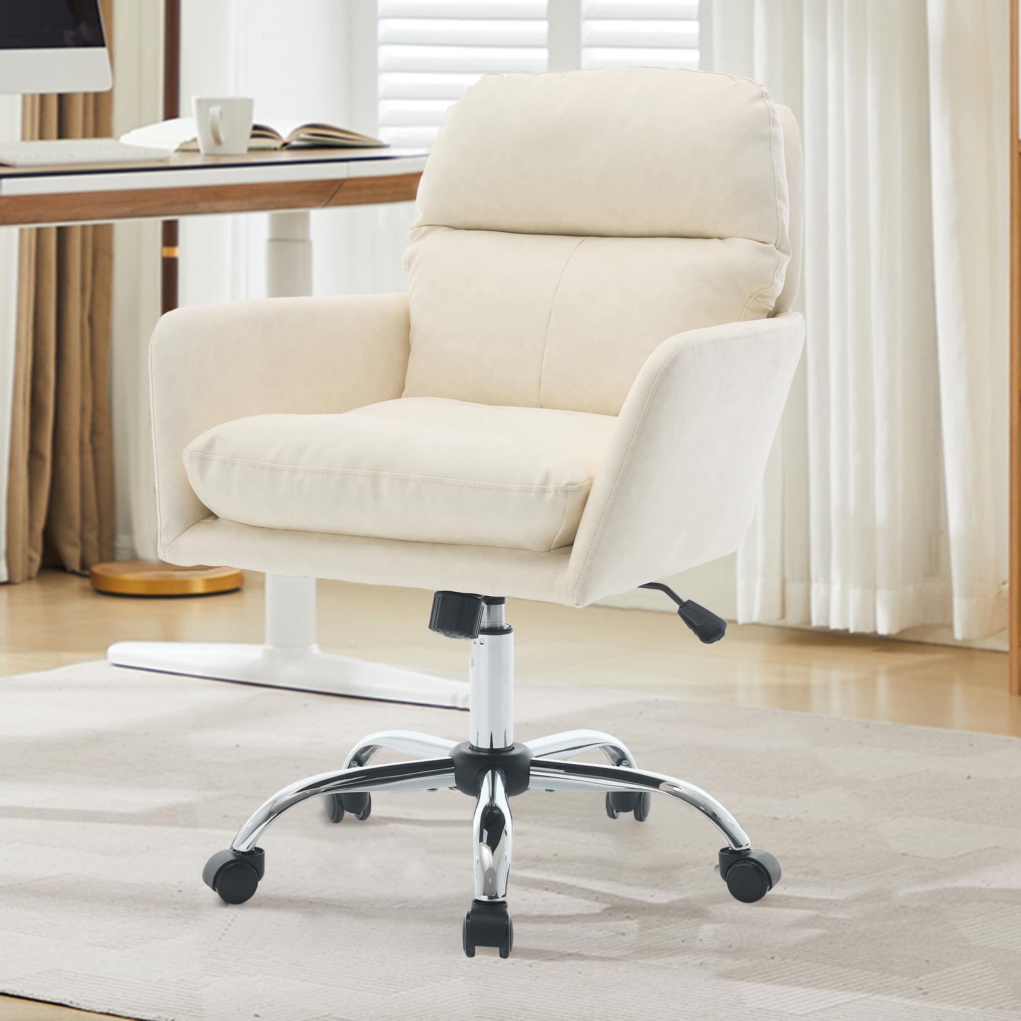 Vynxaria White PU Leather Office Chair Set of 1 with Height Adjustable ...