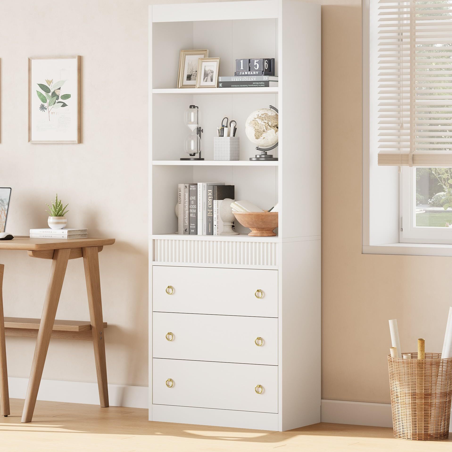 GarveeLife Bookshelf with Drawers 71inch Fluted Bookcase Light Wood ...