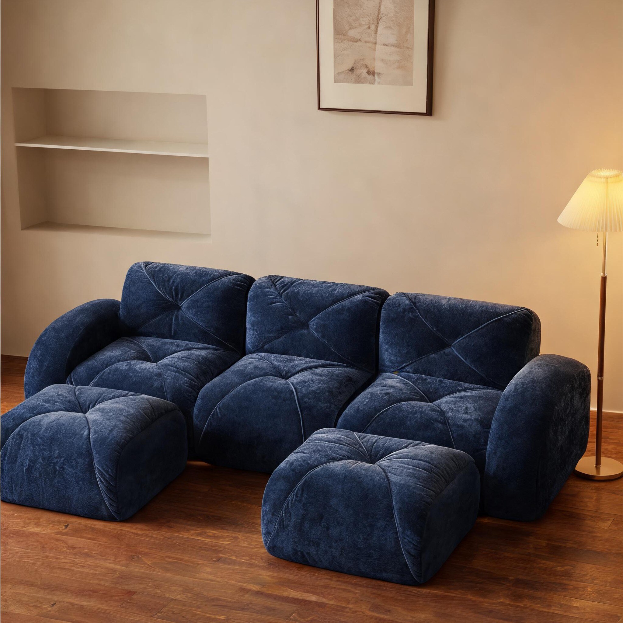Naturefalls U-Shape Sleeper Sofa with Movable Ottomans Blue Velvet ...