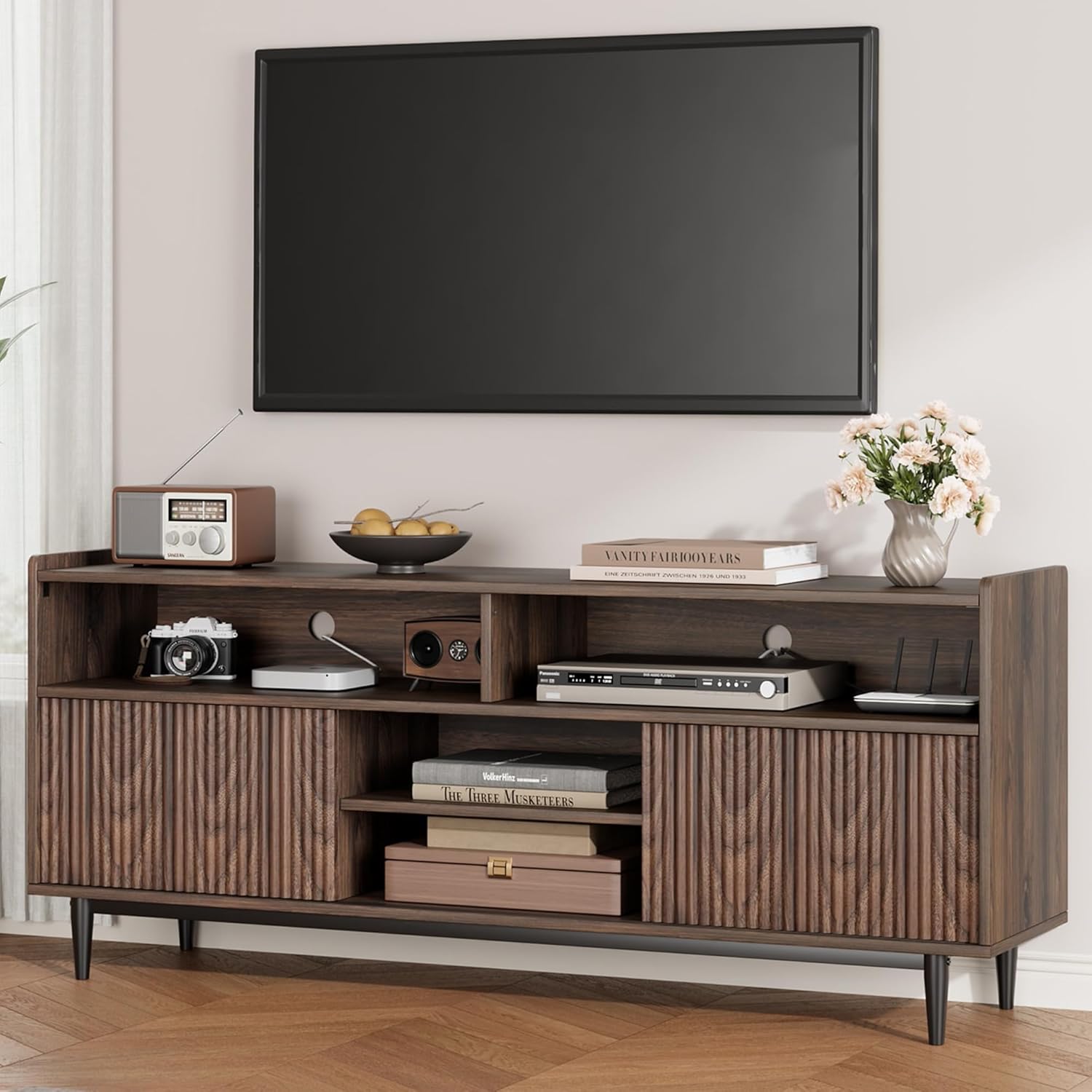 Garvee Fluted TV Stand for 75 in Boho Entertainment Center with Sliding ...