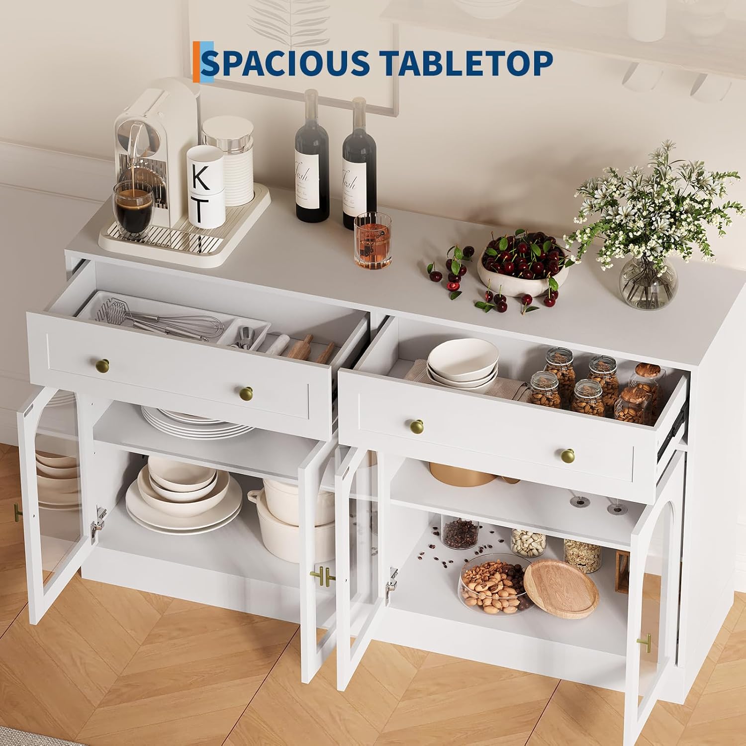 Garvee 55 Inch White Farmhouse Acrylic Buffet - 4 Doors and 2 Drawers ...