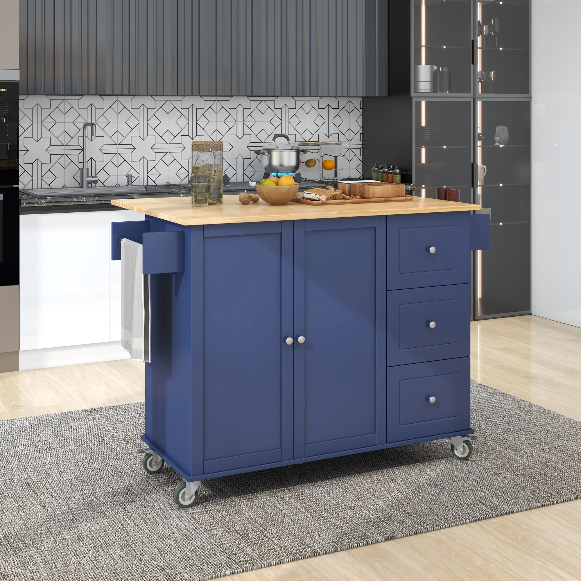 Tatayosi Rolling Mobile Kitchen Island with Drop Leaf Solid Wood Top ...