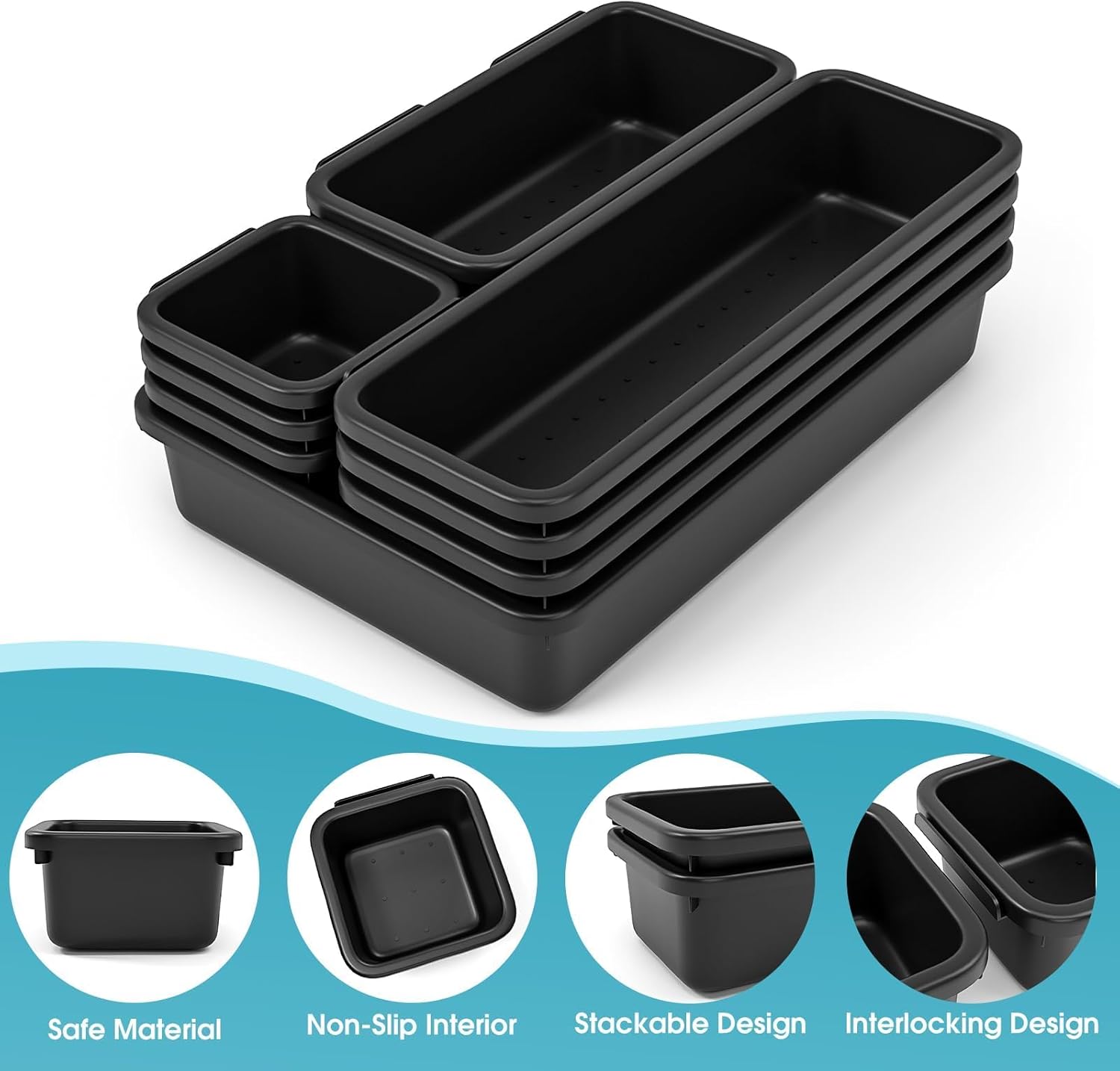 Etokfoks 10 Piece Drawer Organizer Set Black Impact Resistant Plastic 4 ...
