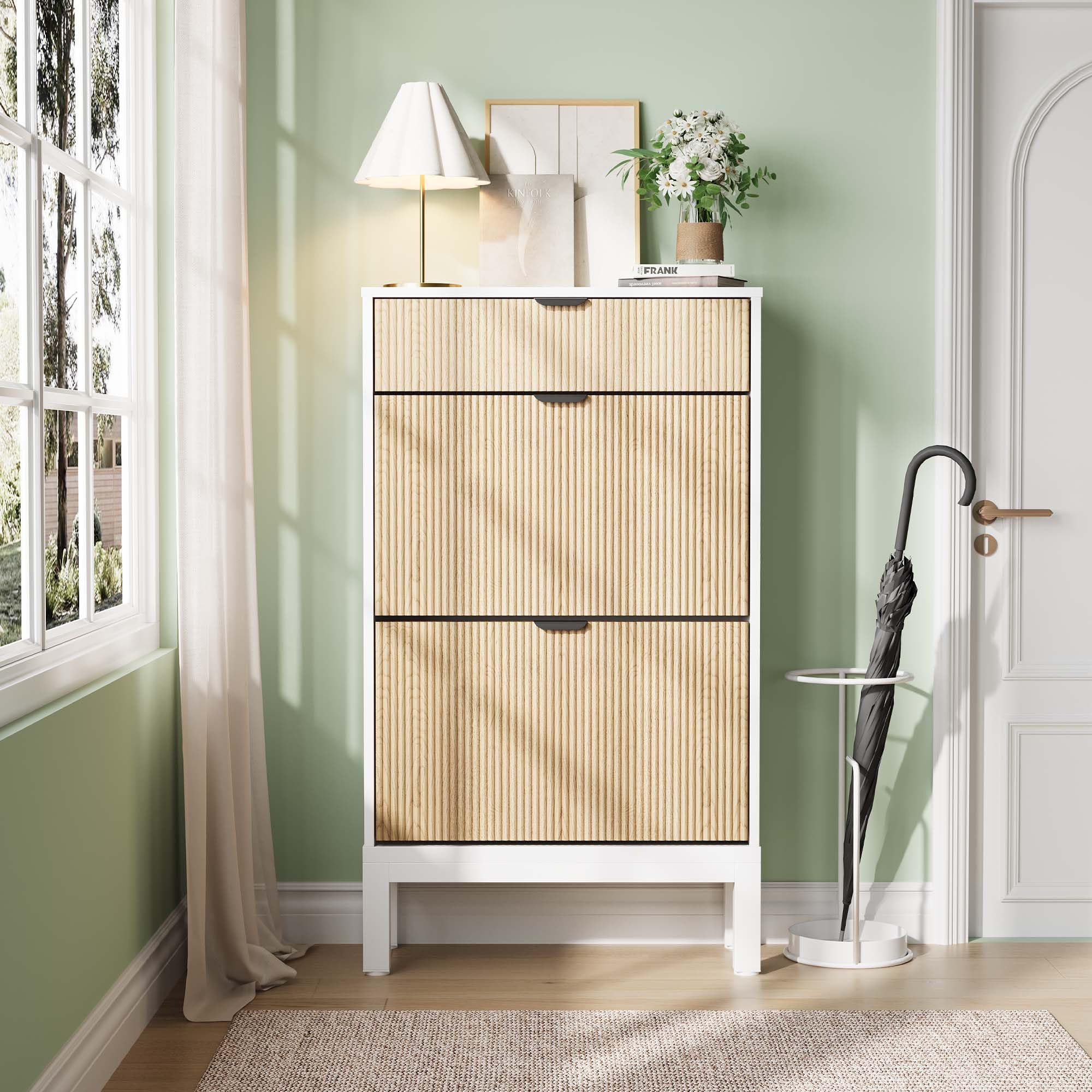 GarveeLife Fluted Shoe Cabinet with 2 Flip Doors and Drawer Slim Hidden ...