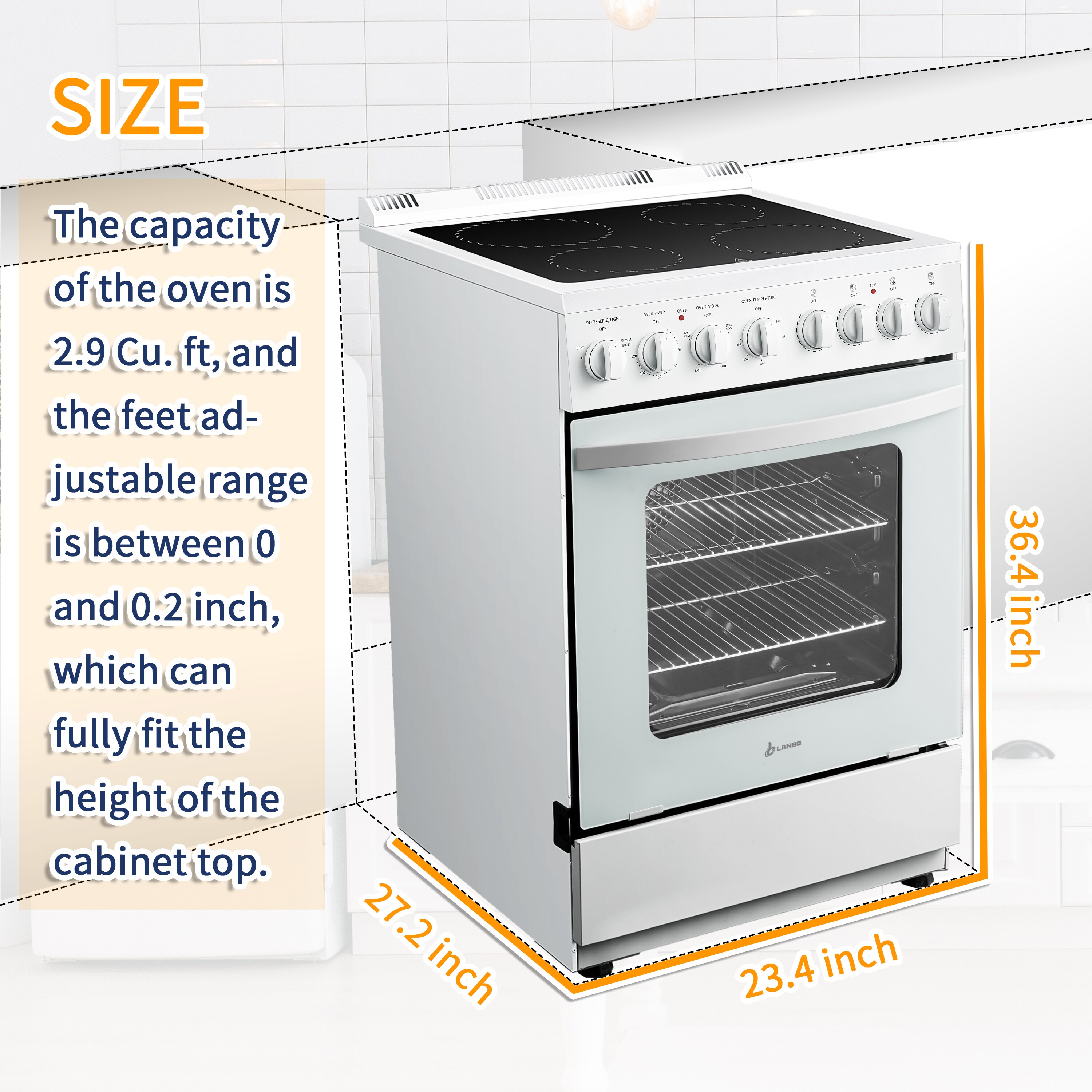 LANBO 24-in Glass Top 4 Burners 2.9-cu ft Air Fry Convection Oven ...