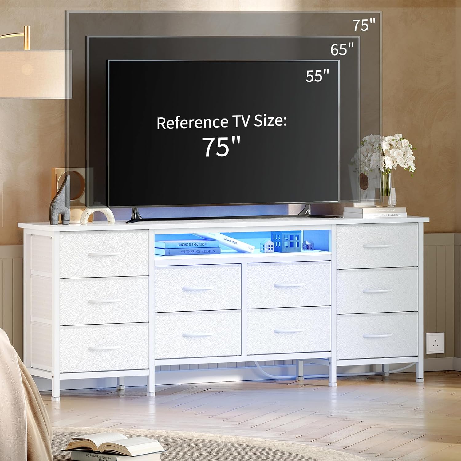 Garvee 63 in Long Dresser for Bedroom with 10 Fabric Drawers ...