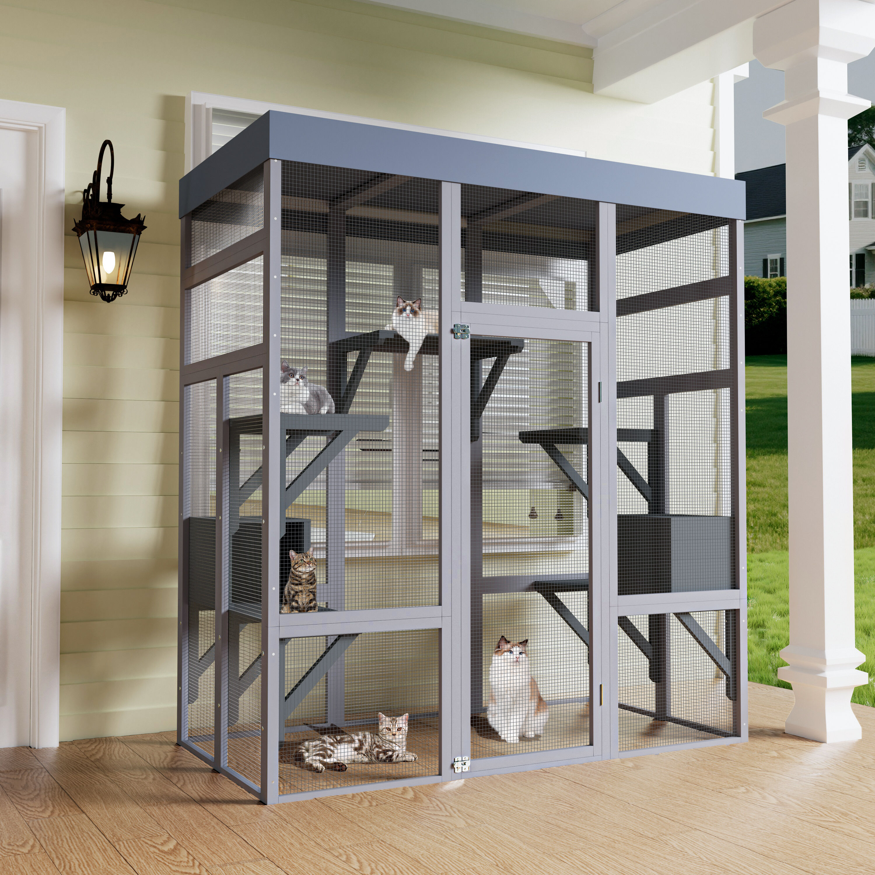 LOVMOR 62.6Inch Wooden Outdoor Catio for Cats Large Cat Enclosure with ...