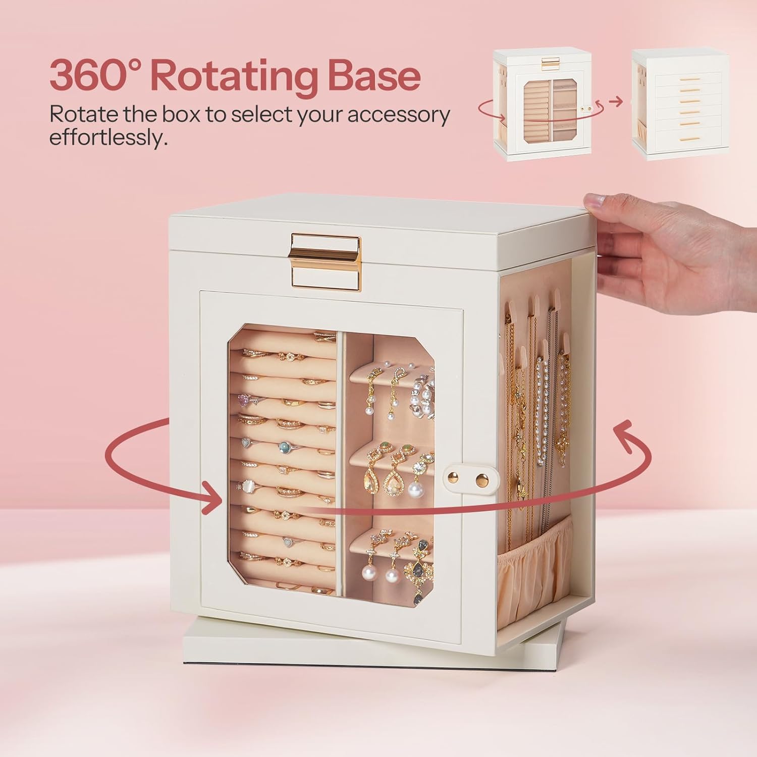 Hoobro 360 Rotating Jewelry Box Jewelry Organizer with 6 Drawers Glass ...