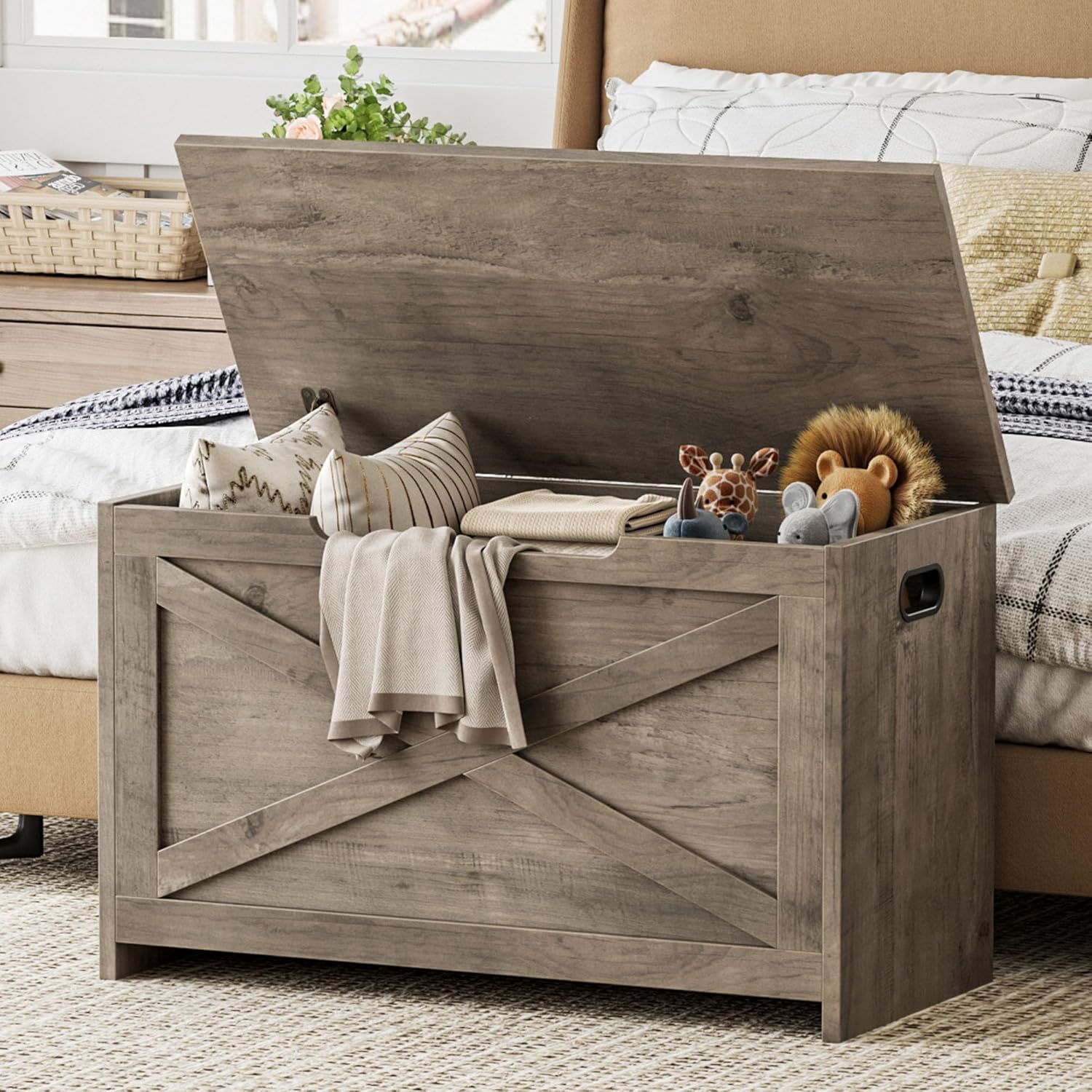 Qeetex 30 Inch Storage Chest Wooden Storage Bench with Safety Hinge ...