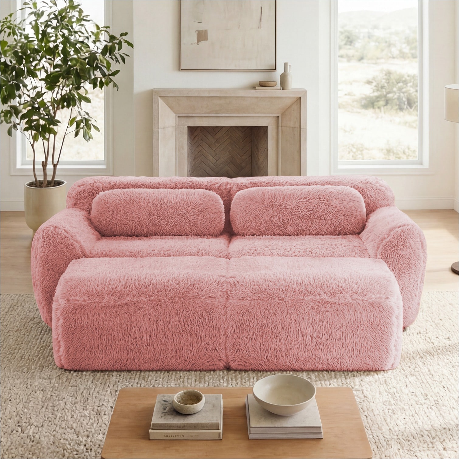 Naturefalls Modular L-Shape Plush Sofa with Ottoman Soft Pink 4-Seat ...
