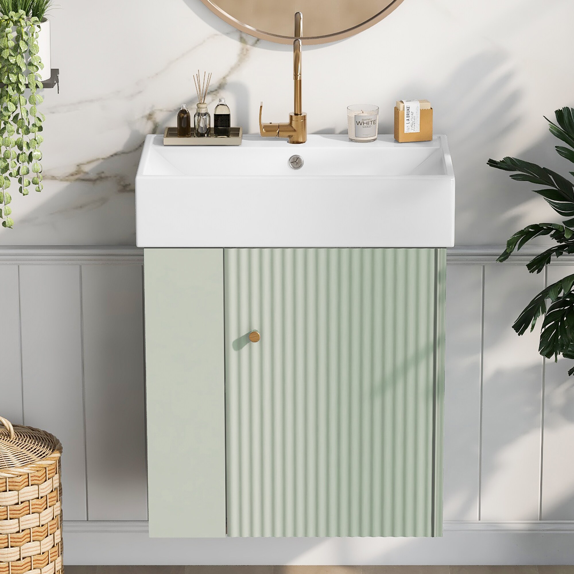 Afoxsos 21.6 inch Green Floating Bathroom Vanity Modern Wave Door Rose ...