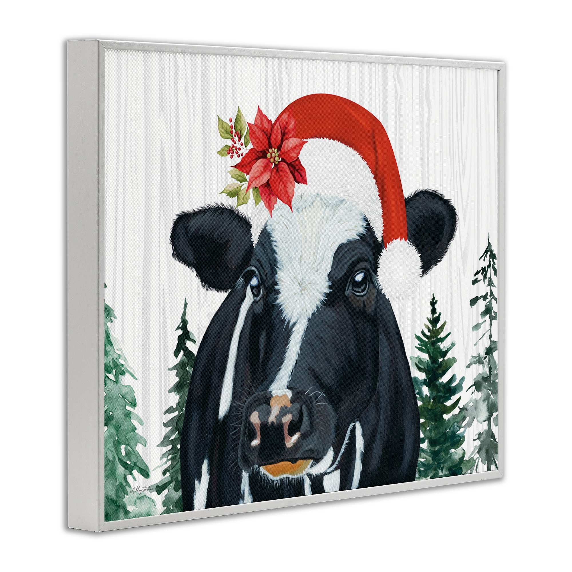 Stupell Industries Christmas Hat Cow Portrait White Framed Giclee Art ...