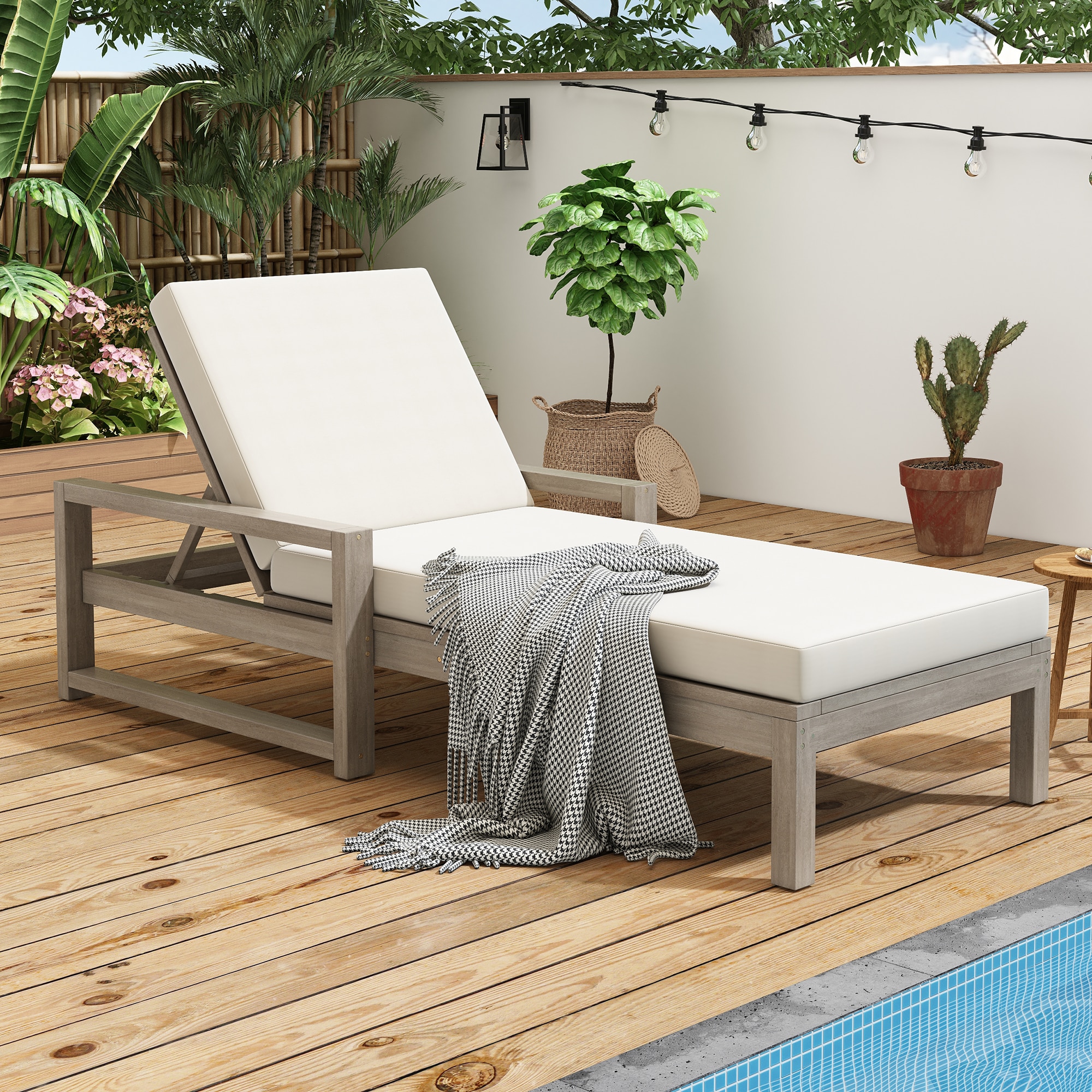 LOVMOR Gray Acacia Wood Frame Lounge Chair with Cushion Recliner 400-lb ...