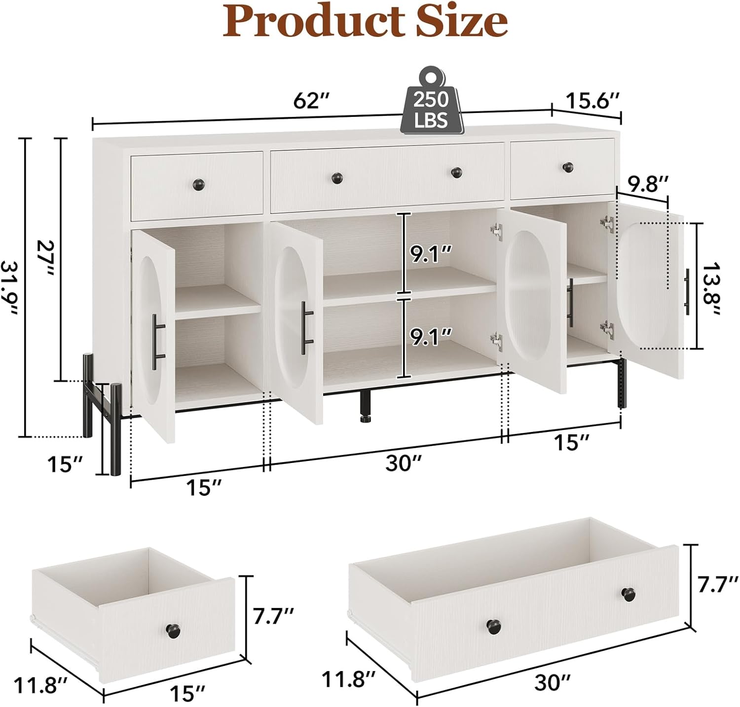 GAOMON White 62 inch buffet cabinet with three drawers four fluted ...