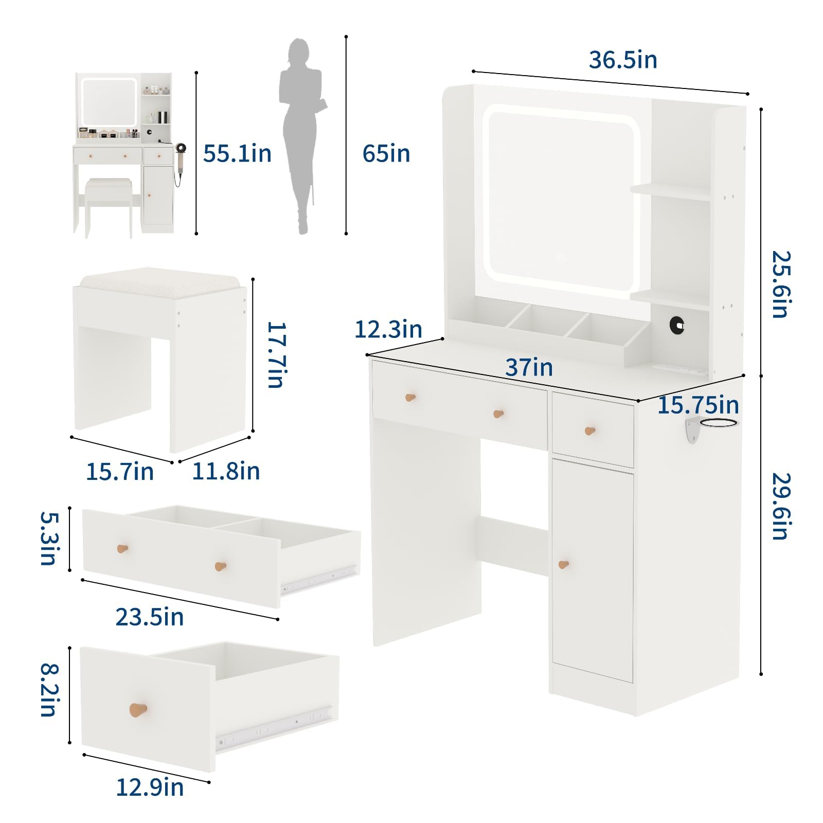 IdealHouse Vanity Desk Set with LED Lights Mirror and Power Outlet ...