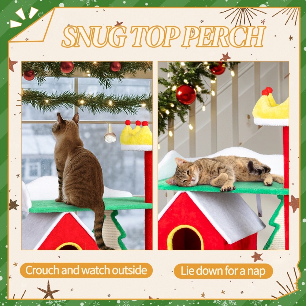 Upsimples 56in Christmas Themed Plush Cat Tree 3 Condos Sisal Xmas Tree ...