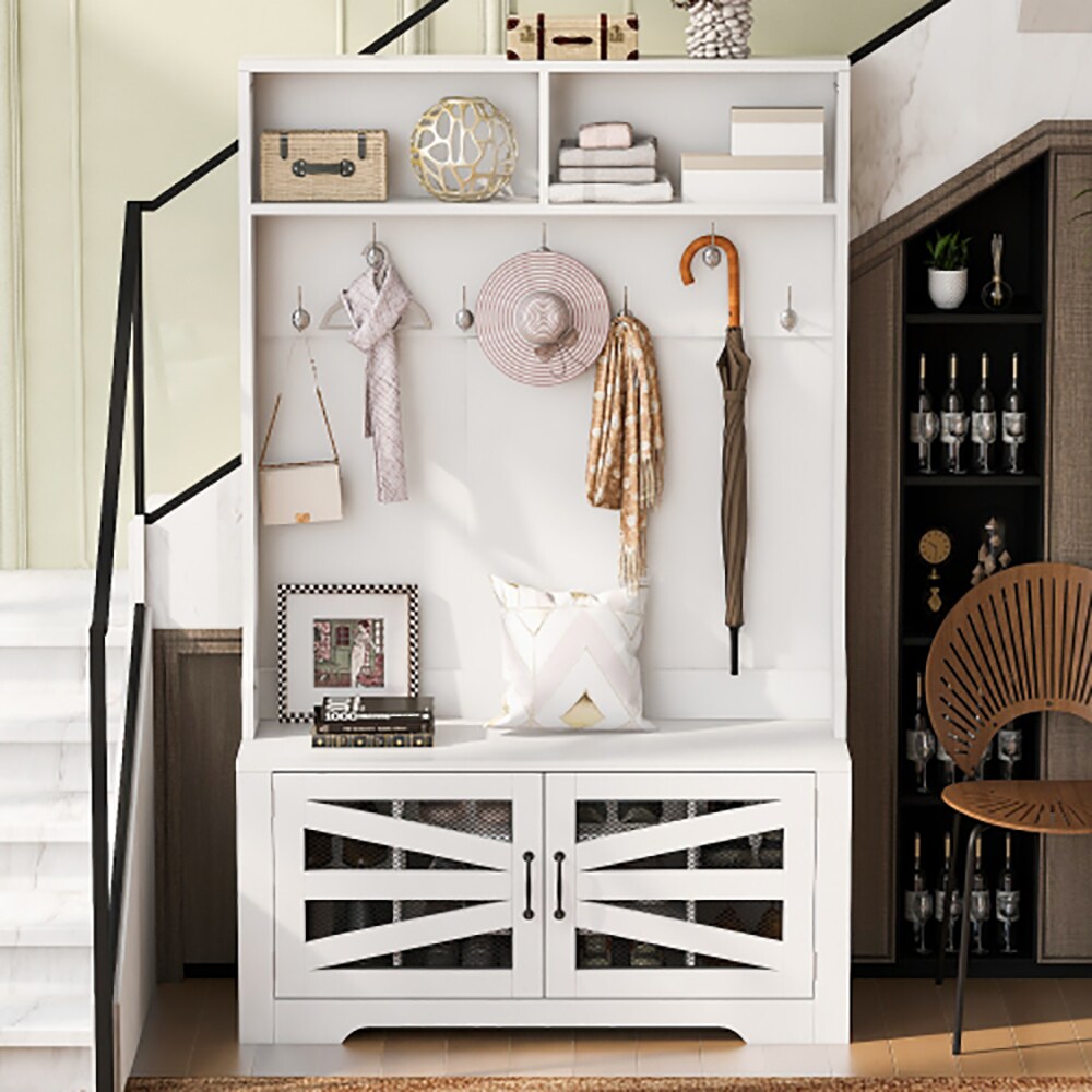 Zeus & Ruta 54.7in Farmhouse White Hall Tree with Integrated Shoe ...
