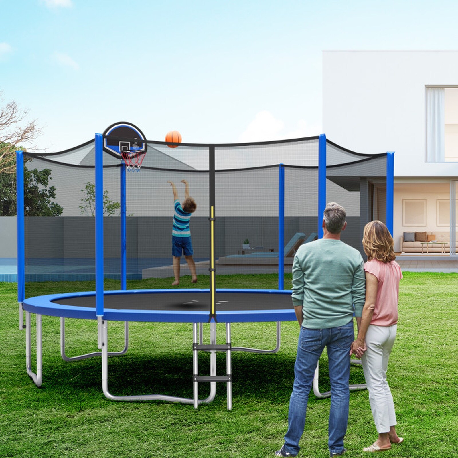 SUGIFT 12 ft Outdoor Recreational Trampoline with Enclosure Net ...