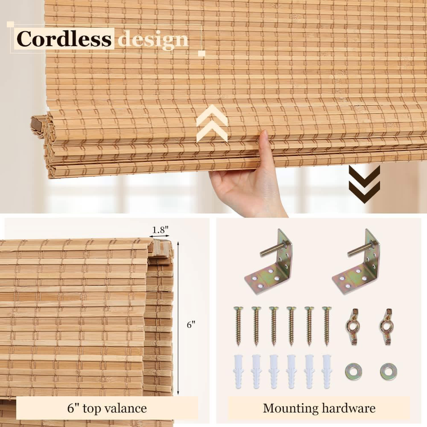 Etokfoks Cordless Bamboo Roman Blinds for Indoor Windows Blackout Room ...