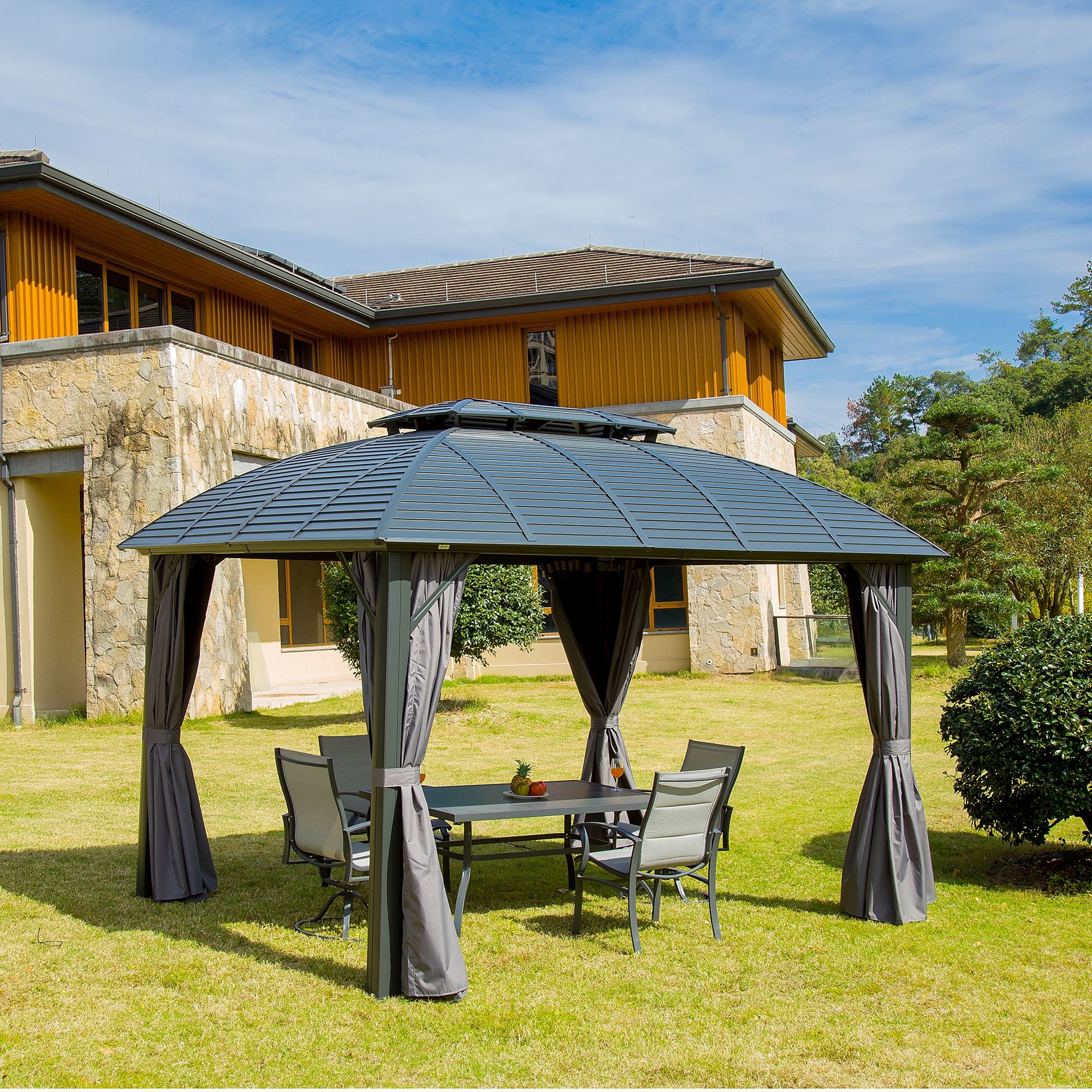 Clihome 11.91-ft x 9.78-ft 10x12 Permanent Hardtop Gazebo Black Gazebo ...