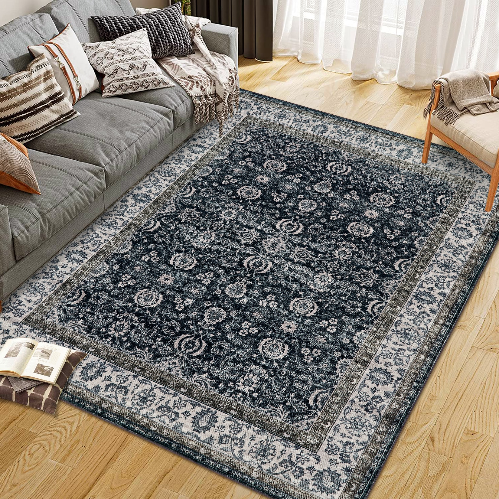 Garvee 5x7FT Washable Area Rug Non-Slip Vintage Floral Rug Ultra-Thin ...