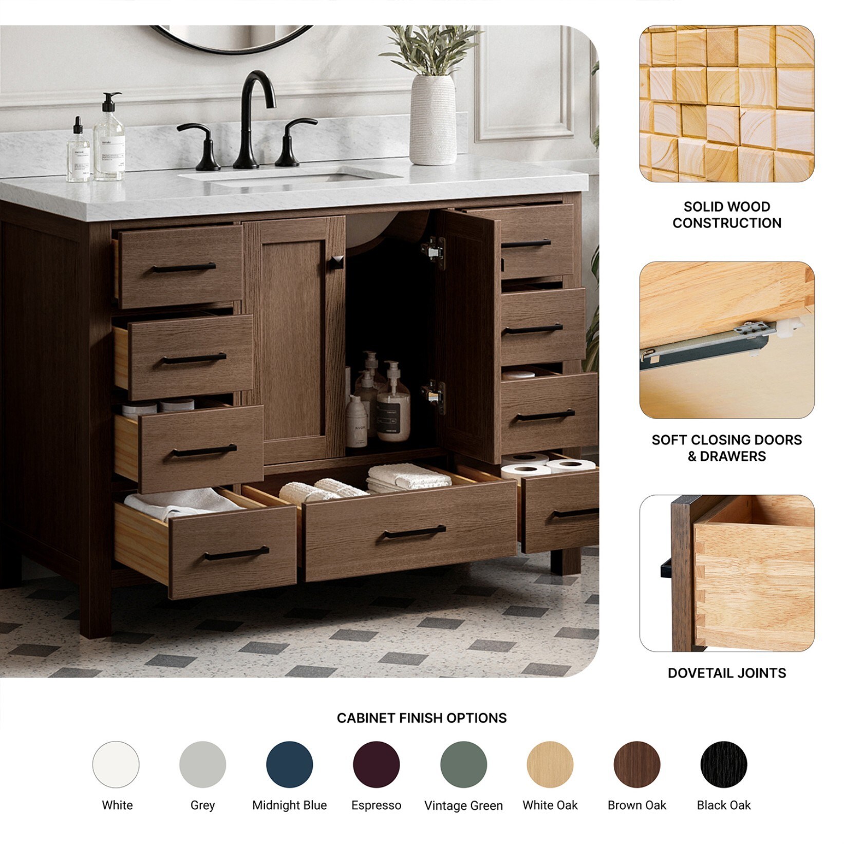 ARIEL Cambridge 48-in Brown Oak Bathroom Vanity Base Cabinet without ...