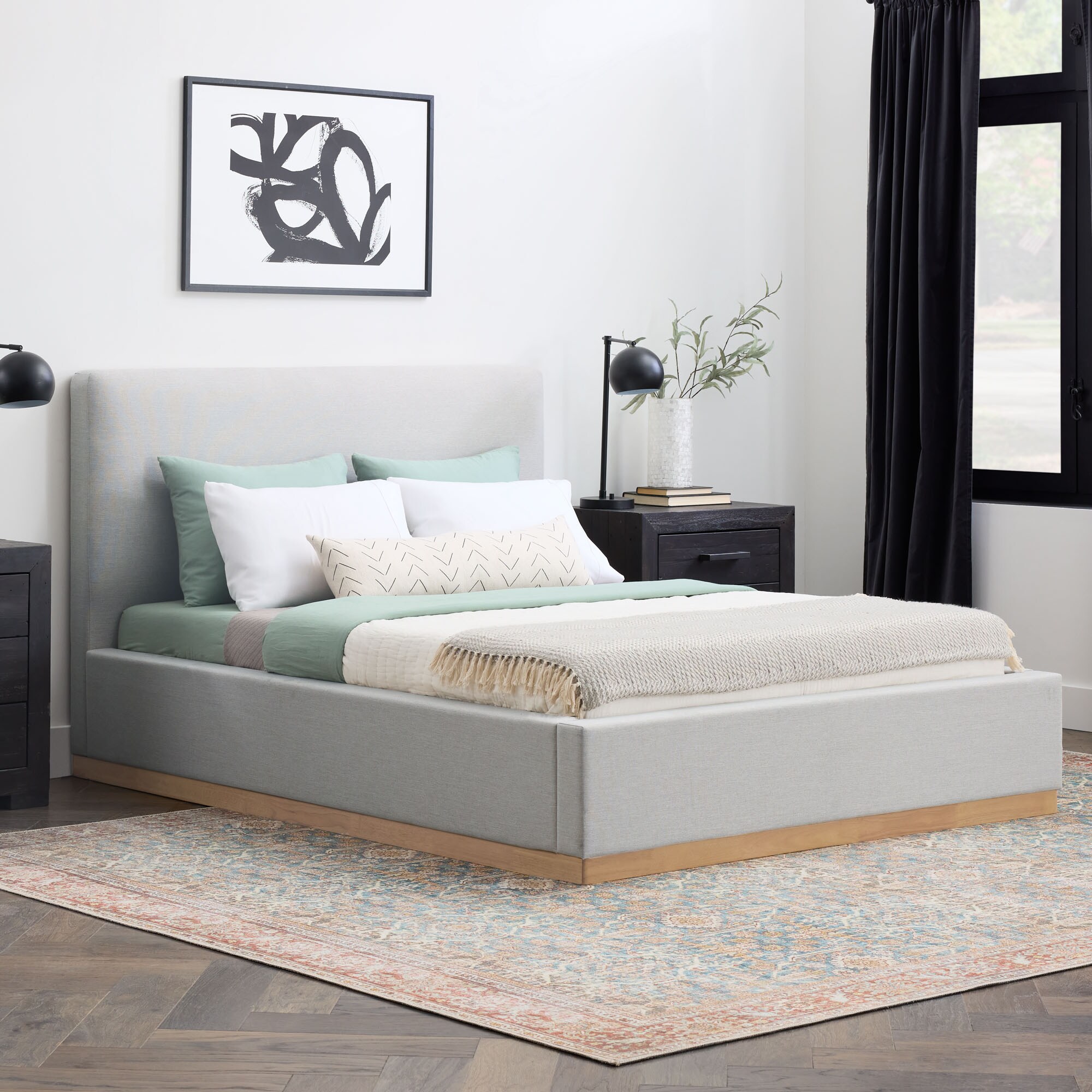 New Heights Grounded Upholstered Stone Bed Frame with Wood Base, Queen ...