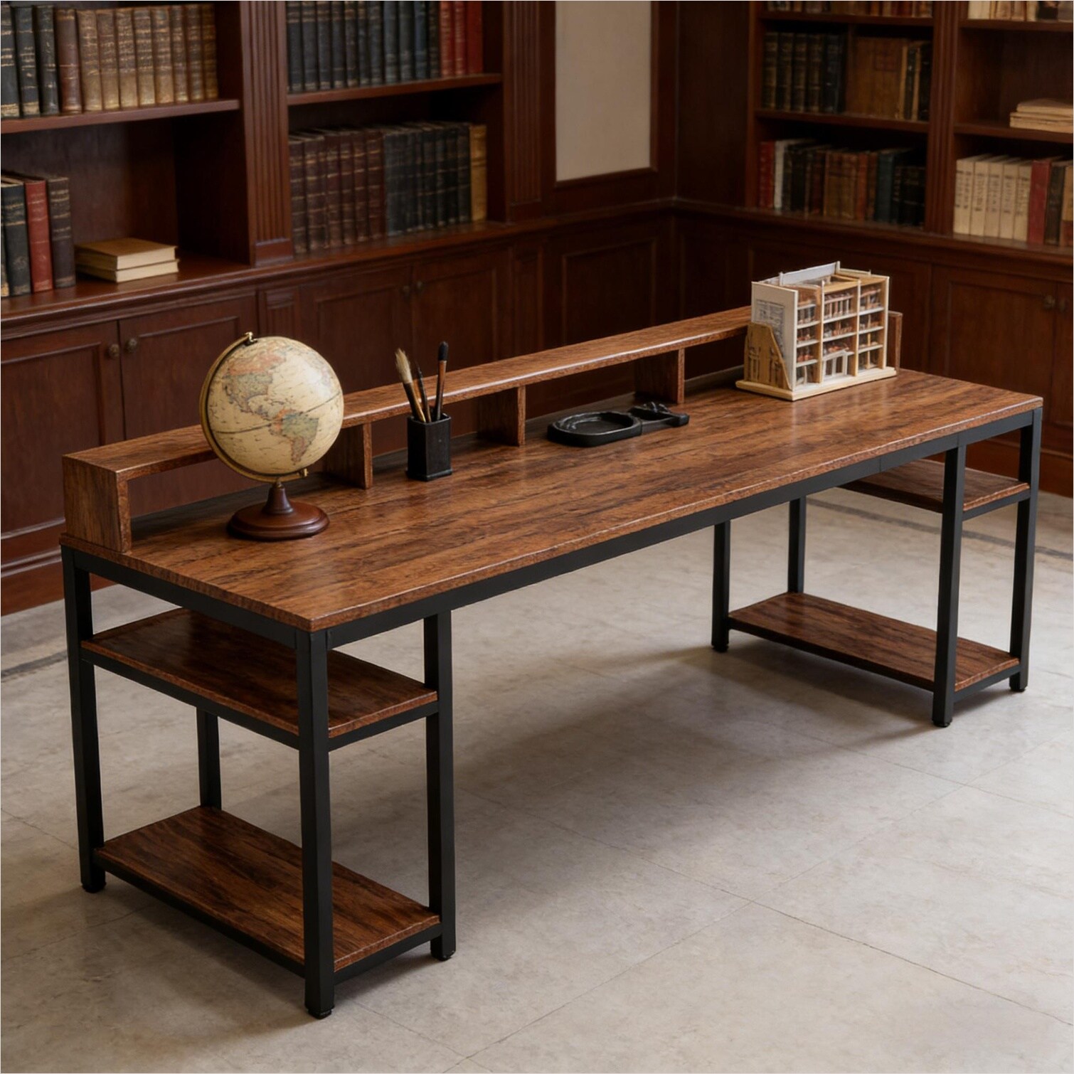 Naturefalls Double Workstation Writing Desk in Warm Brown 78.8 Inches ...