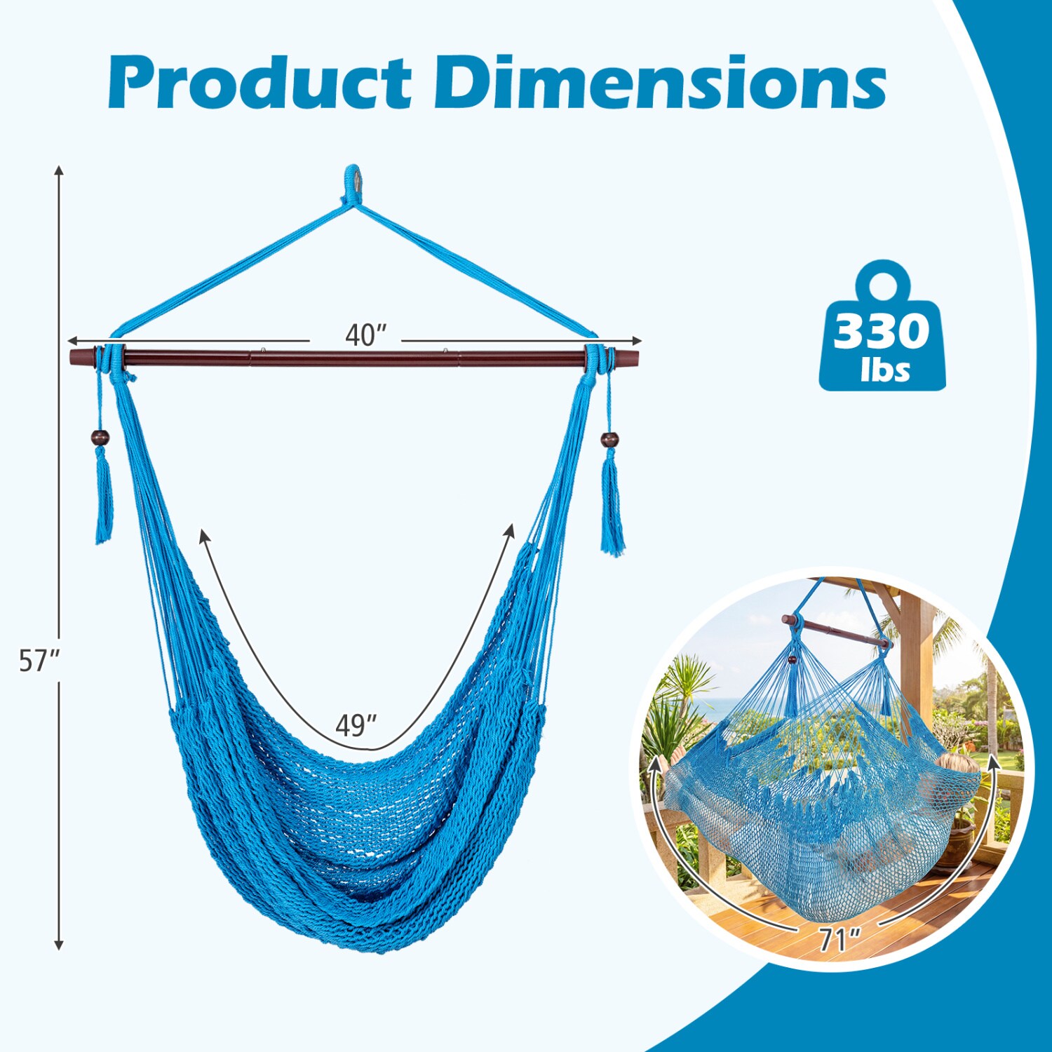 Volenca Caribbean Hammock Chair with Metal Spreader Bar Soft-Spun Rope ...