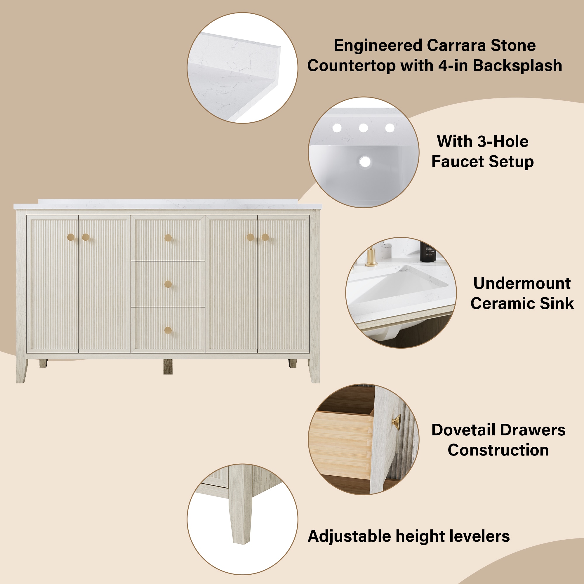 Forclover Solid ASH Wood 60-in ASH Undermount Double Sink Bathroom ...