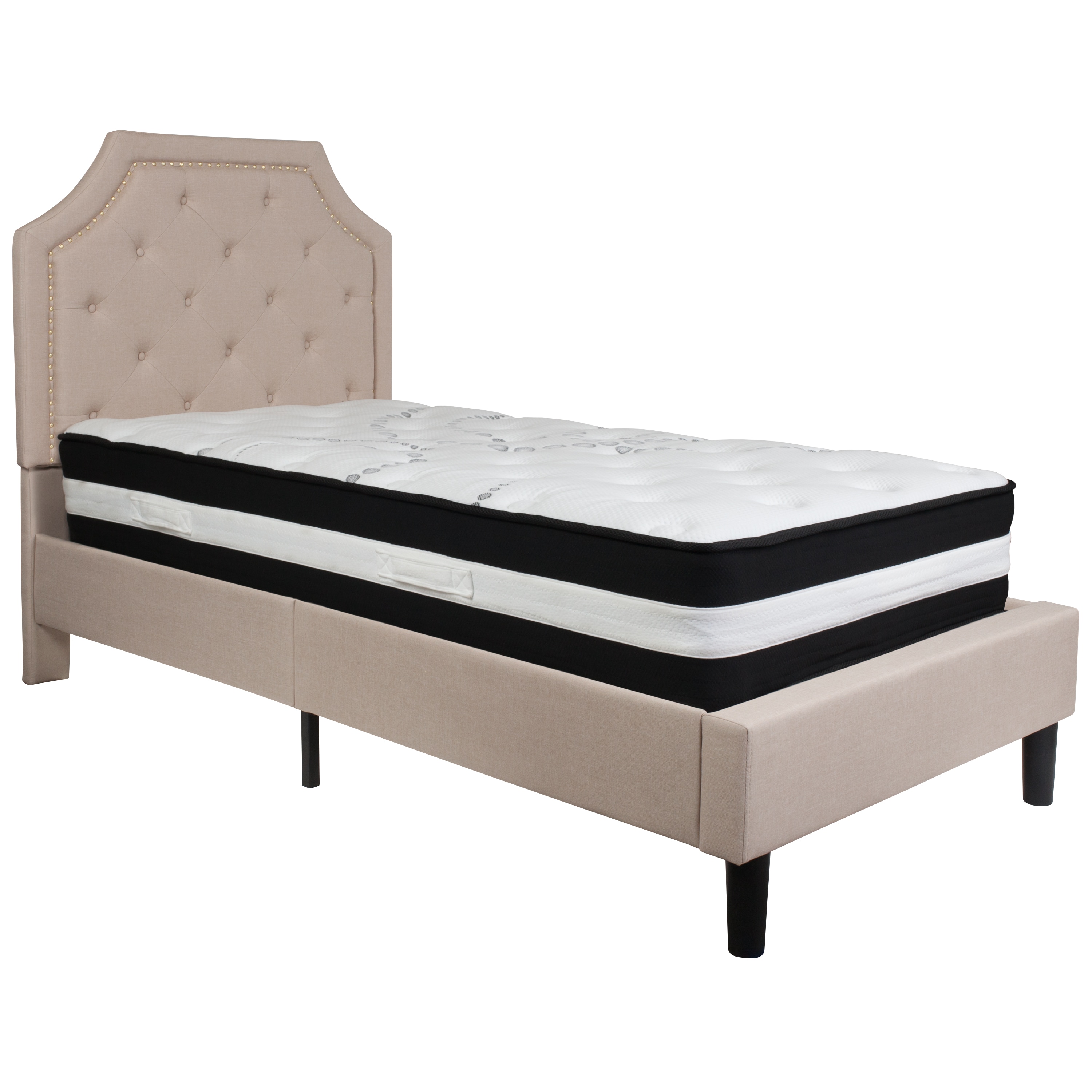 Emma + Oliver Twin Arched Tufted Platform Bed/Mattress in Beige Fabric ...